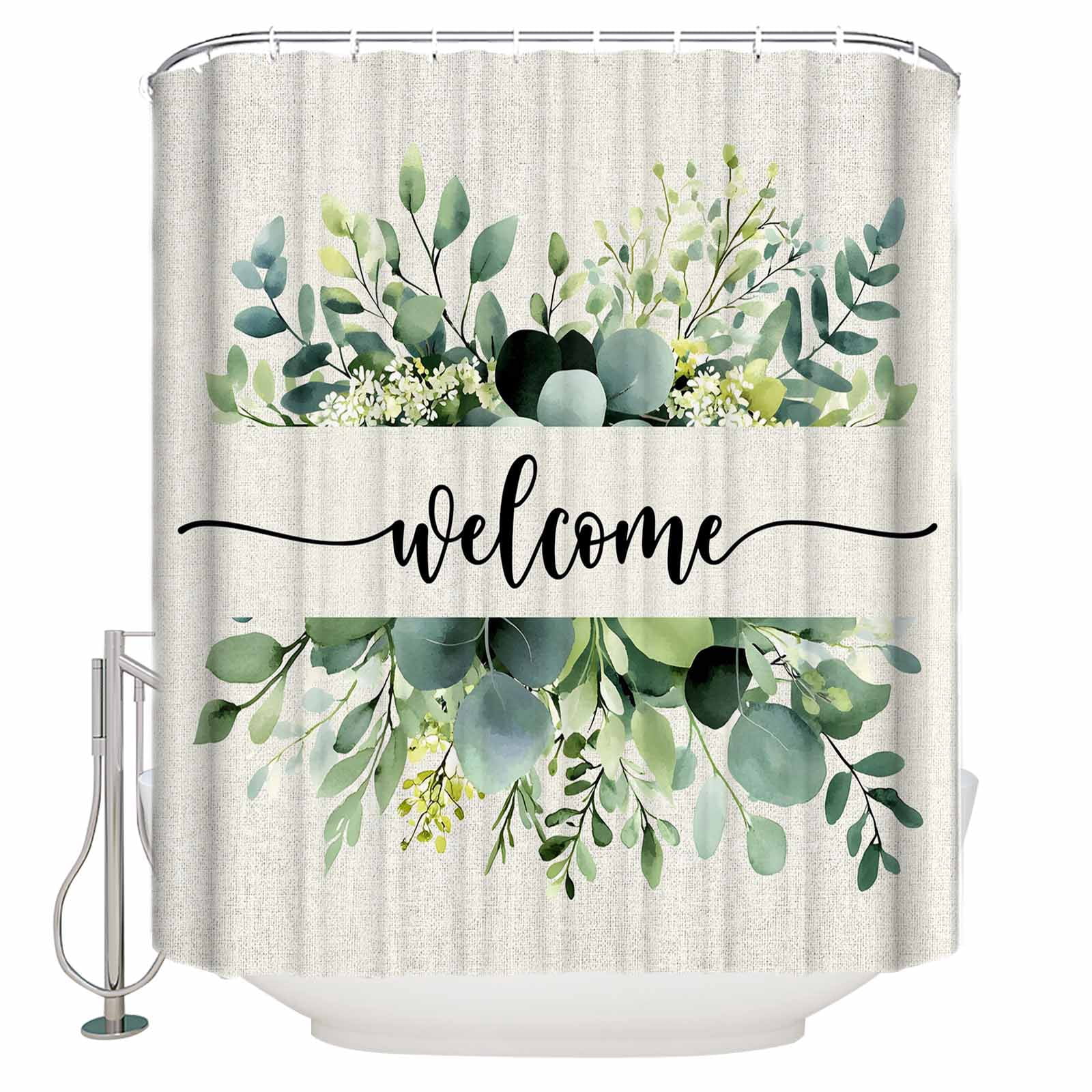 Shower Curtain Bathroom Set Welcome Eucalyptus Leaf Plant Waterproof ...