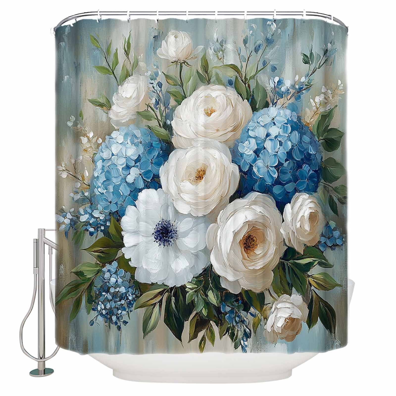 Shower Curtain Bathroom Set White Blue Hydrangeas Flower on Retro ...