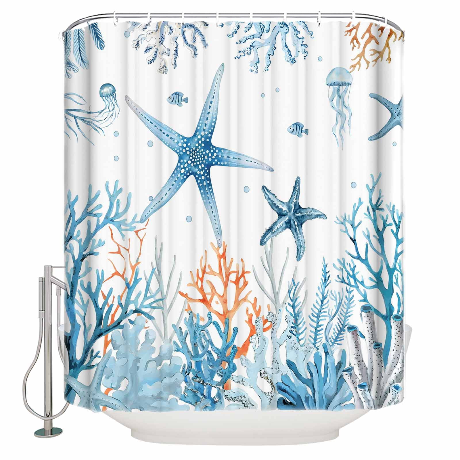 Shower Curtain Blue Coral Starfish Jellyfish on White Waterproof Shower ...
