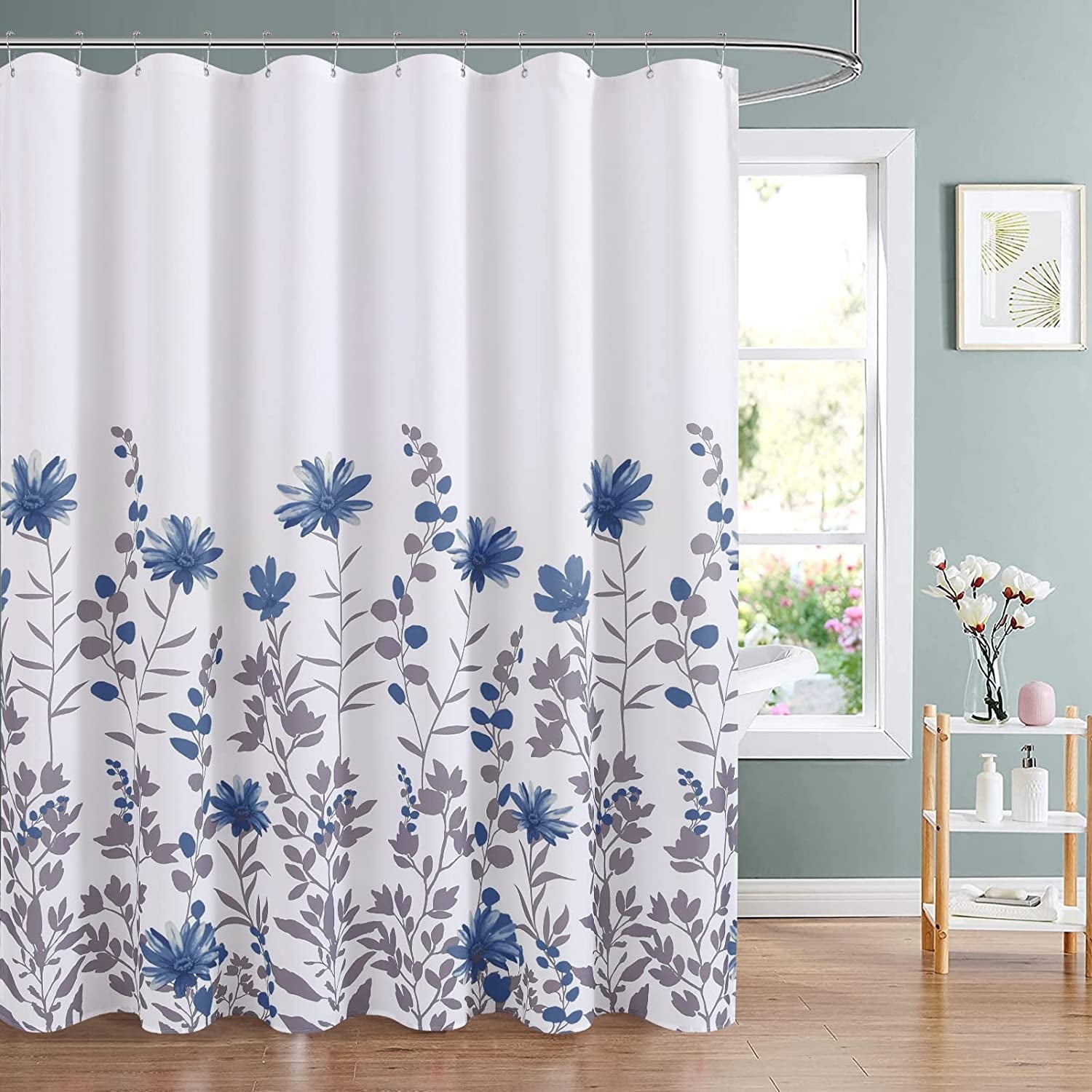 Blue Floral Shower Curtain Set, Water Repellent, Boho, 72x72 Inch ...