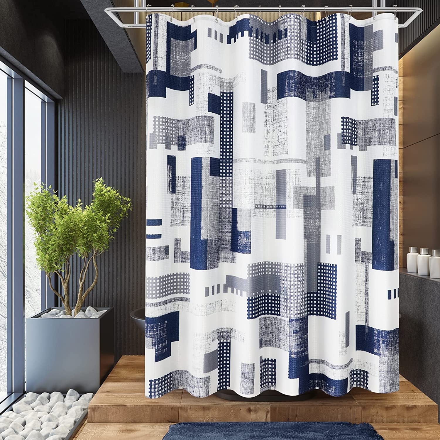 "Waykingo Waterproof Fabric Shower Curtain, Blue and Grey Geometric ...