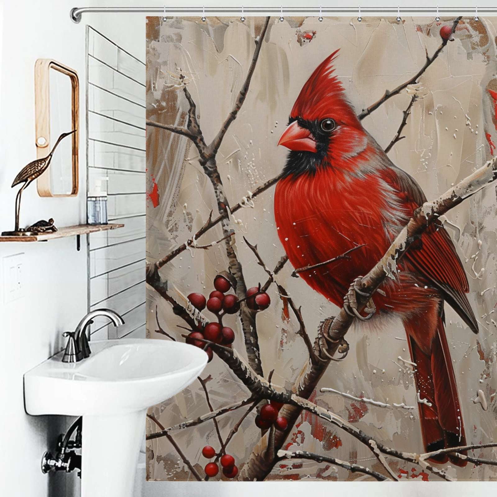 Shower Curtain Cardinal Bird Winter Greenery Bathroom Waterproof ...