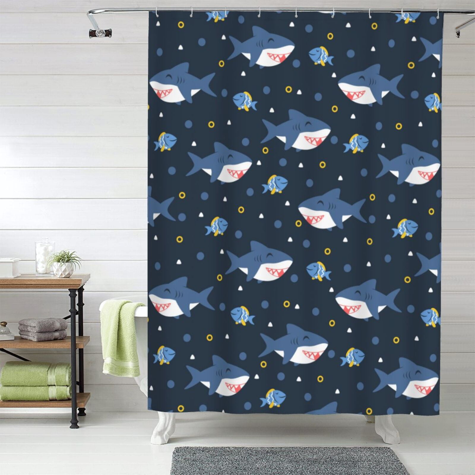 Shower Curtain, Cartoon Happy Cute Shark Waterproof Fabric Plastic ...