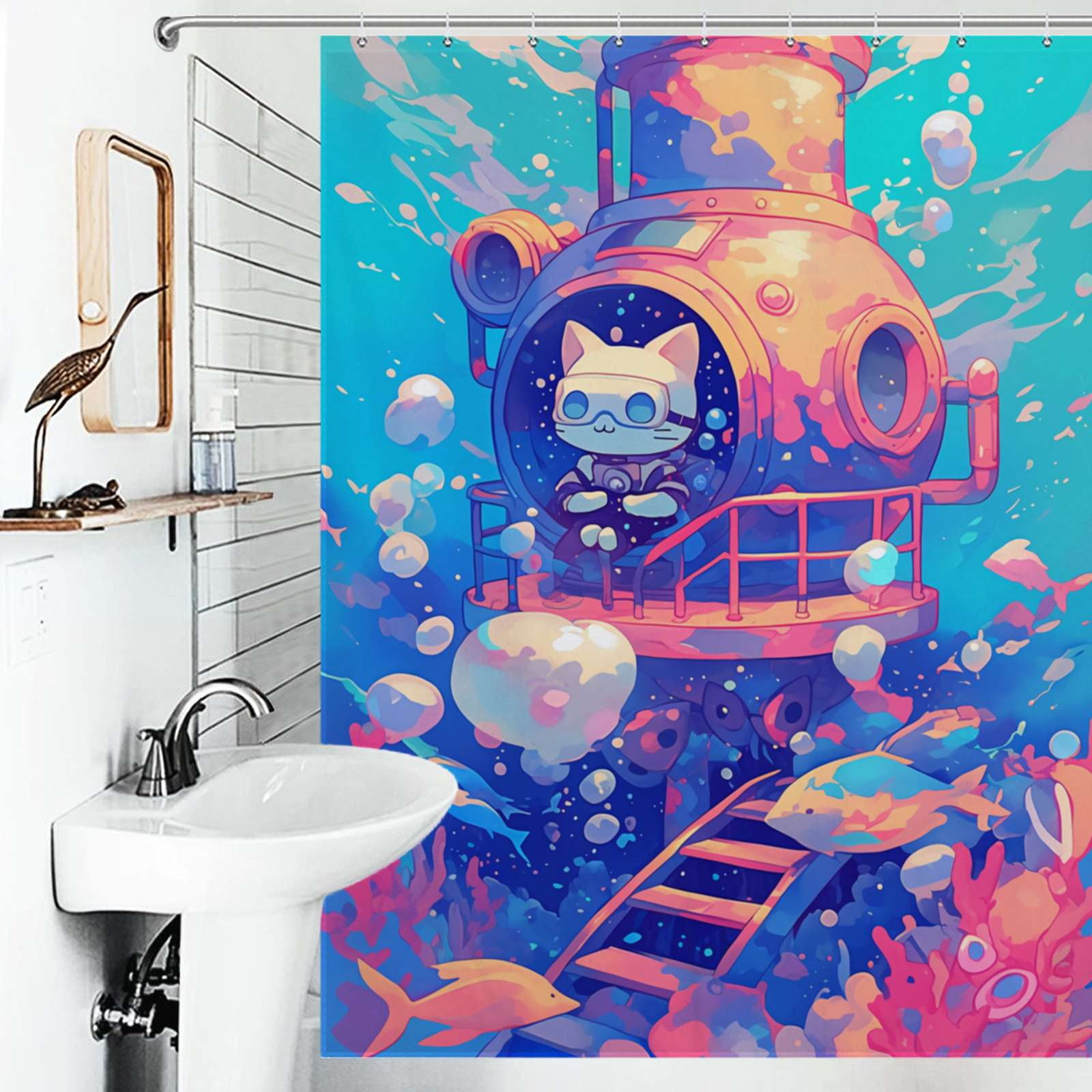 Shower Curtain Cat On Diving Adventure Polyester Waterproof Home Ration ...