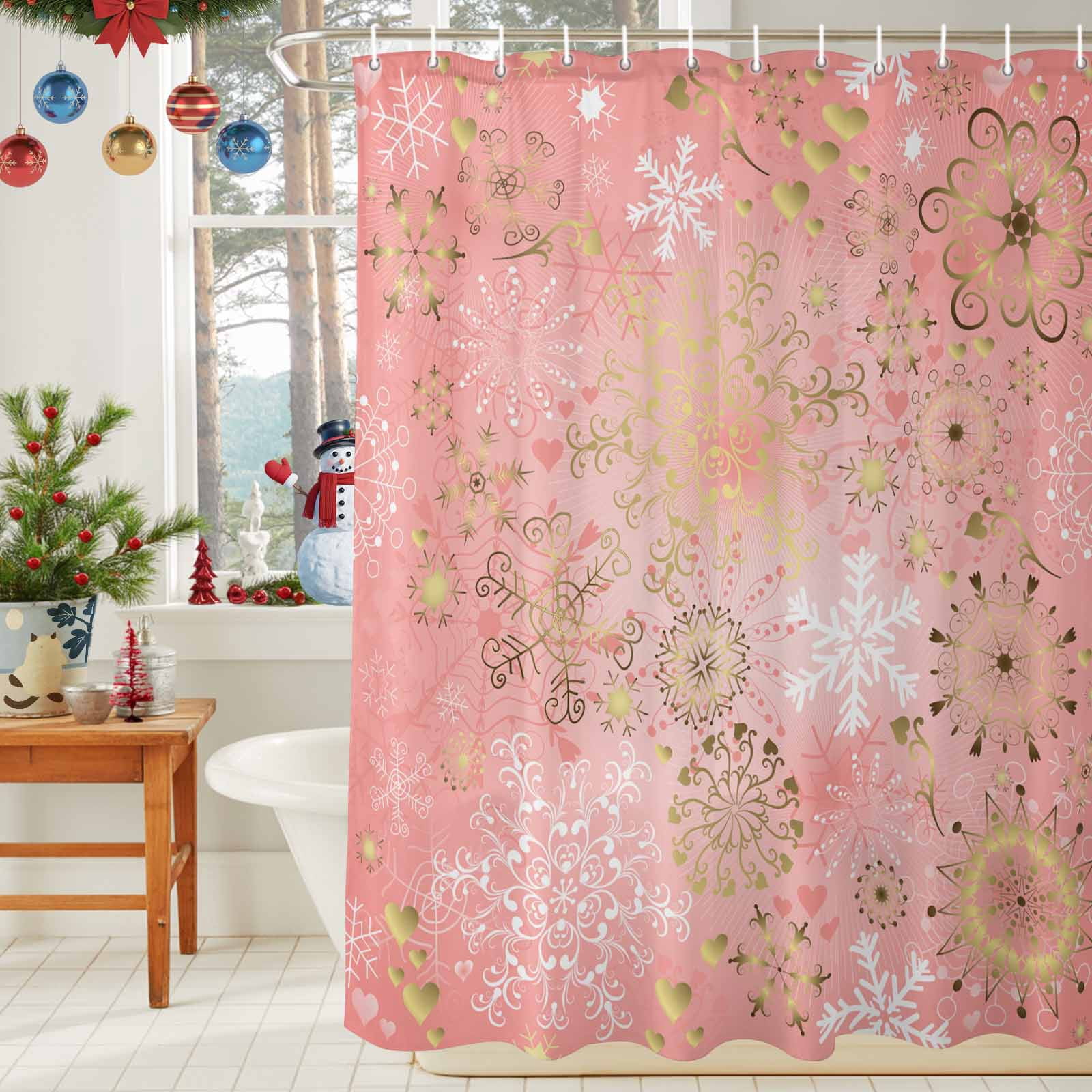 Shower Curtain, Christmas Gold Snowflake Love Heart Waterproof Shower ...