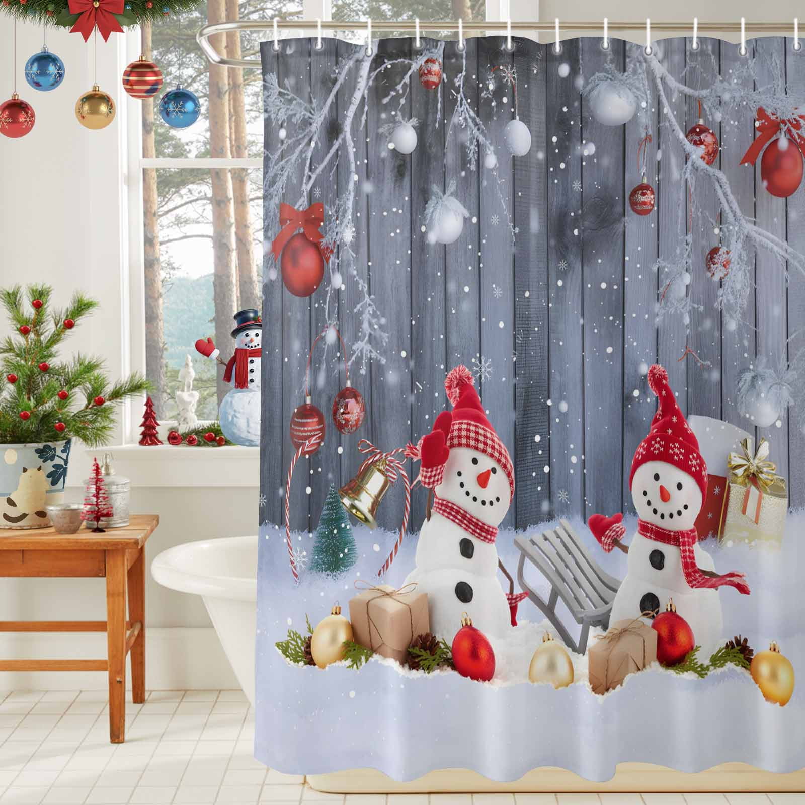 Shower Curtain, Christmas Snowmen Balls Bell Waterproof Shower Curtain ...
