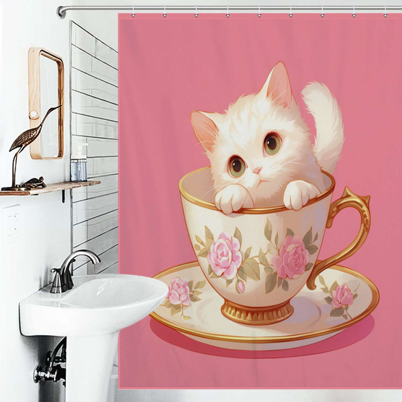 Shower Curtain Cute Cat In A Tea Cup Bathroom Waterproof Polyester Home ...