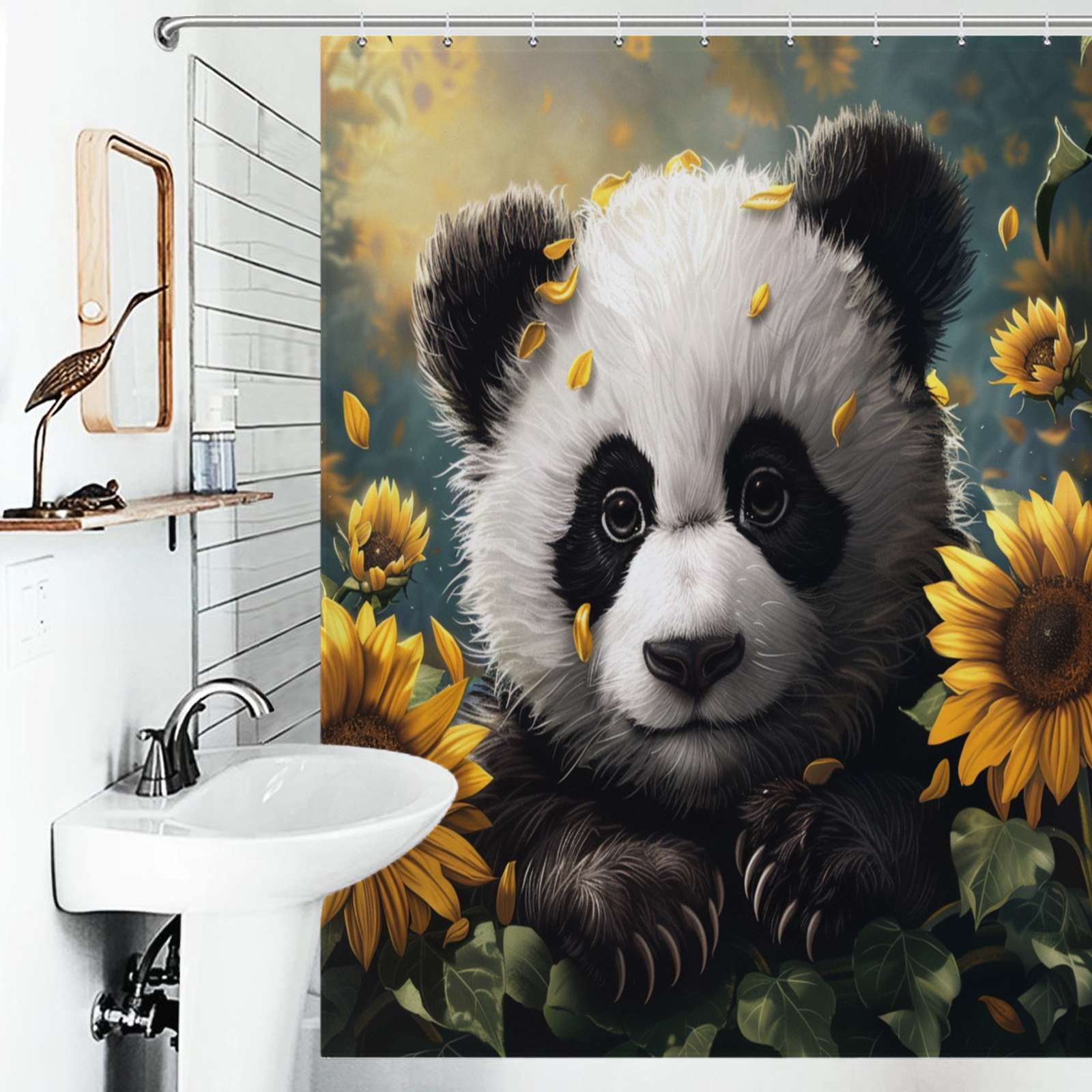 Shower Curtain Cute Sunflower Panda Bear Bath Curtain Polyester Fabric ...