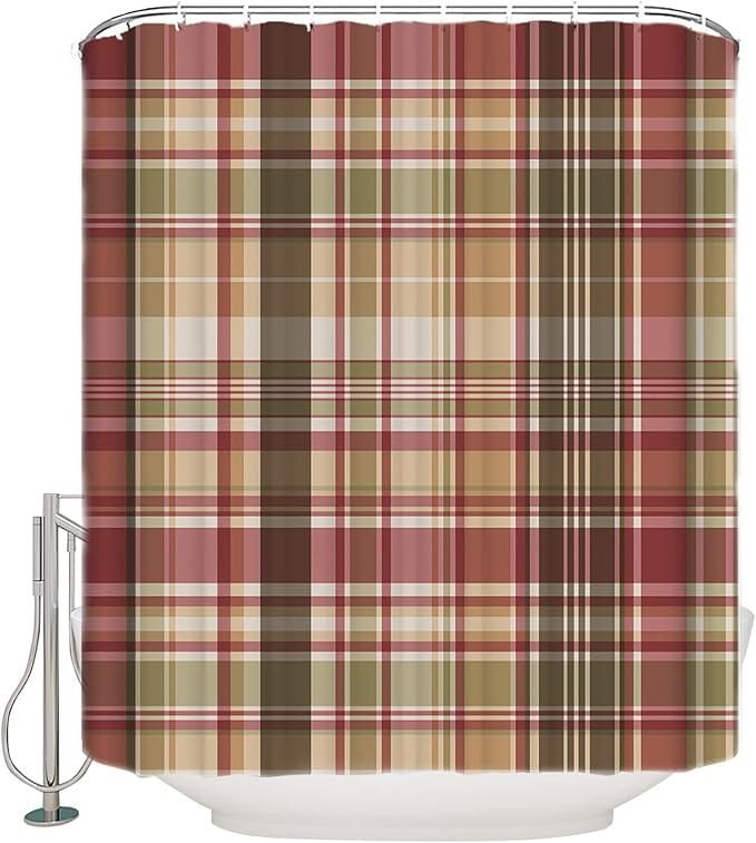 Shower Curtain, Fall Farmhouse Retro Brown And Pink Plaid Buffalo Washable Shower Curtain With ...