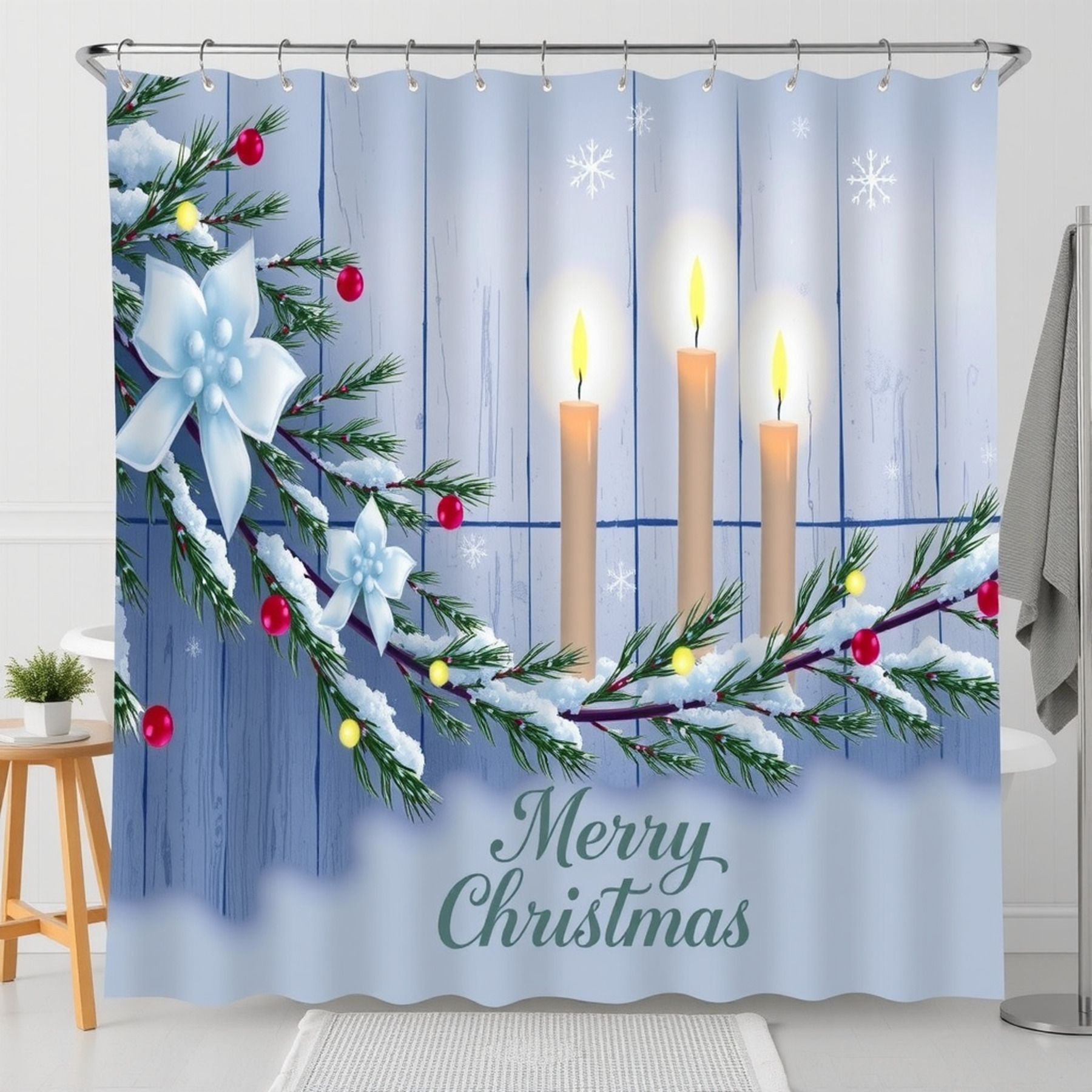 Shower Curtain - Festive Pine Candles & 'Merry Christmas' Design ...