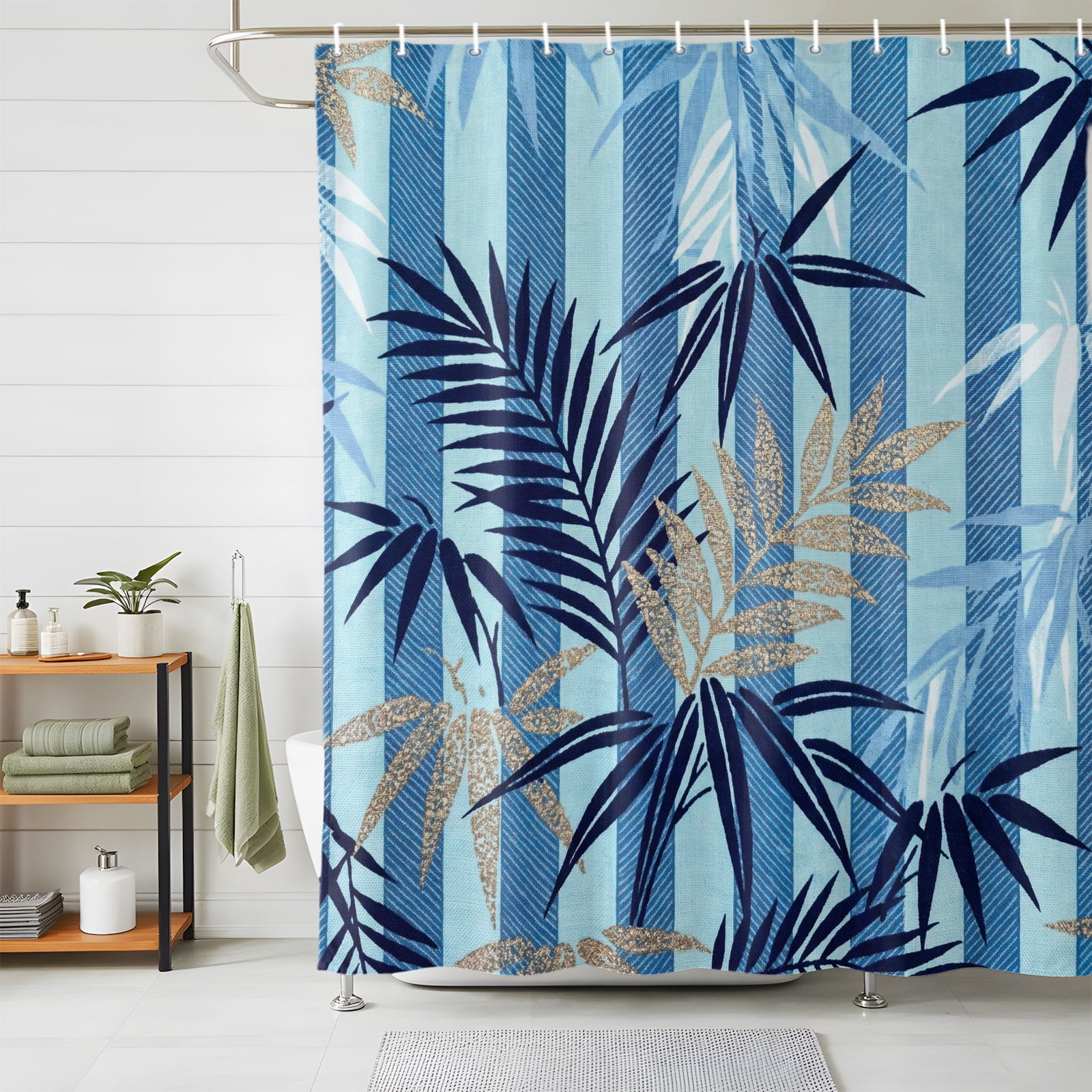 Shower Curtain,Gold Black Ferns Leaves Waterproof Shower Curtain Set ...