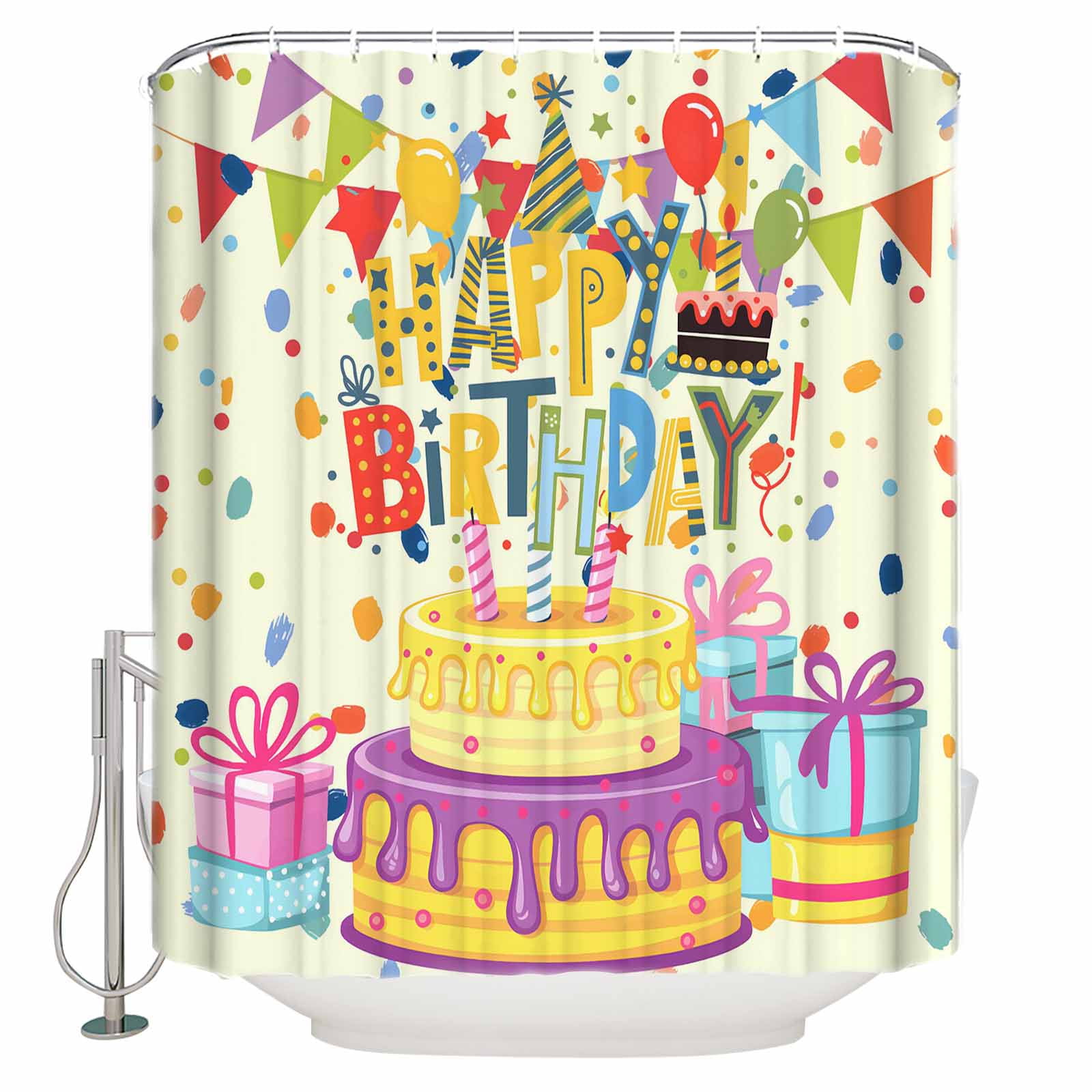 Shower Curtain Happy Birthday Text Waterproof Shower Curtain Set with ...