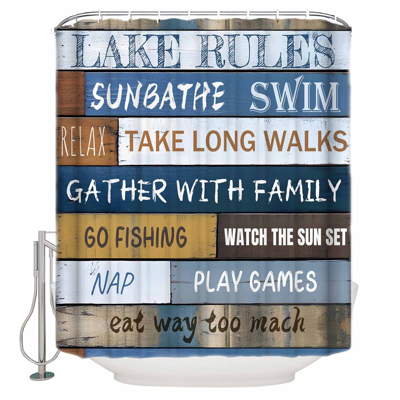 Shower Curtain Lake Rules Farm Blue Wood Board Waterproof Shower ...