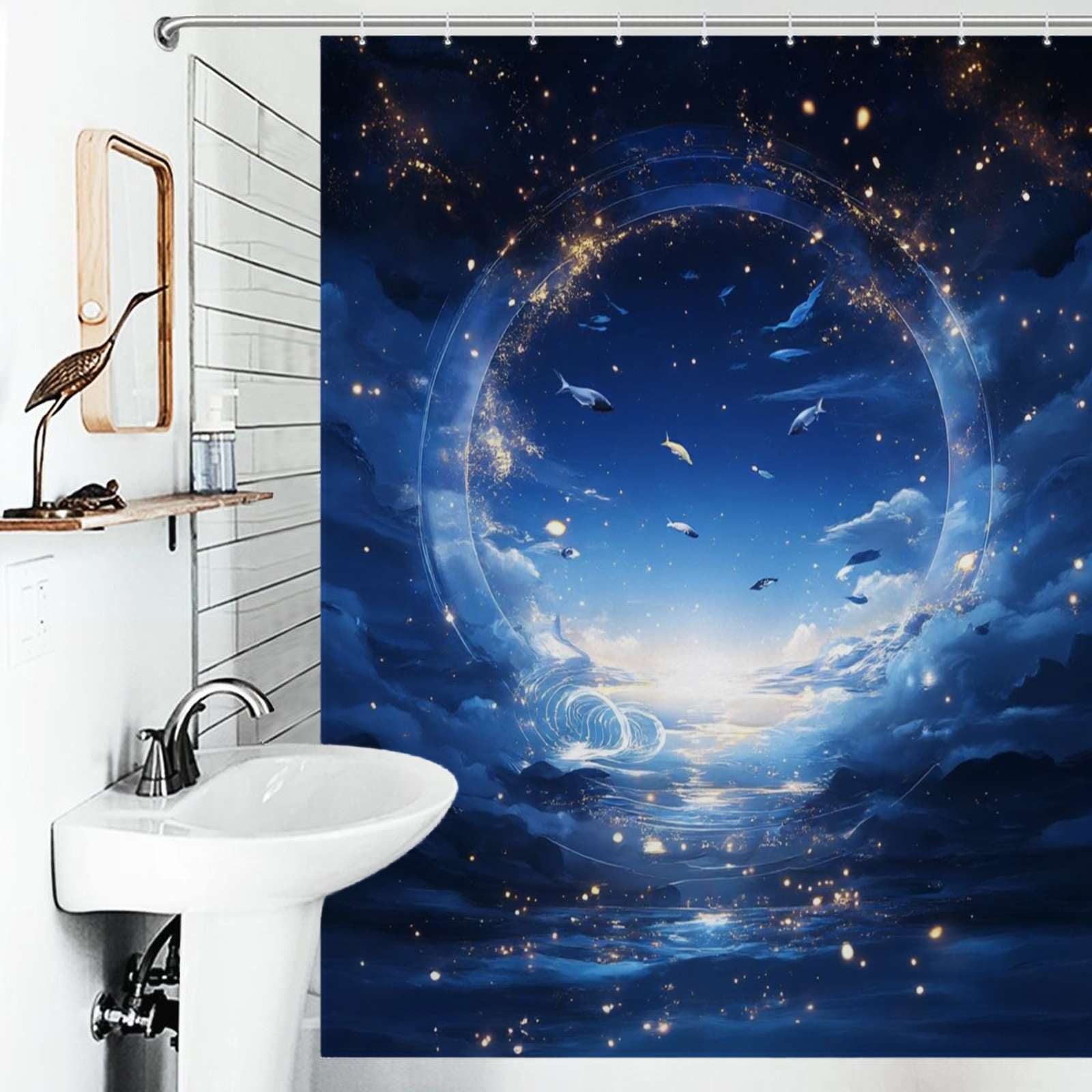 Shower Curtain Mystic Night Sky With Fish And Stars Bath Curtain ...