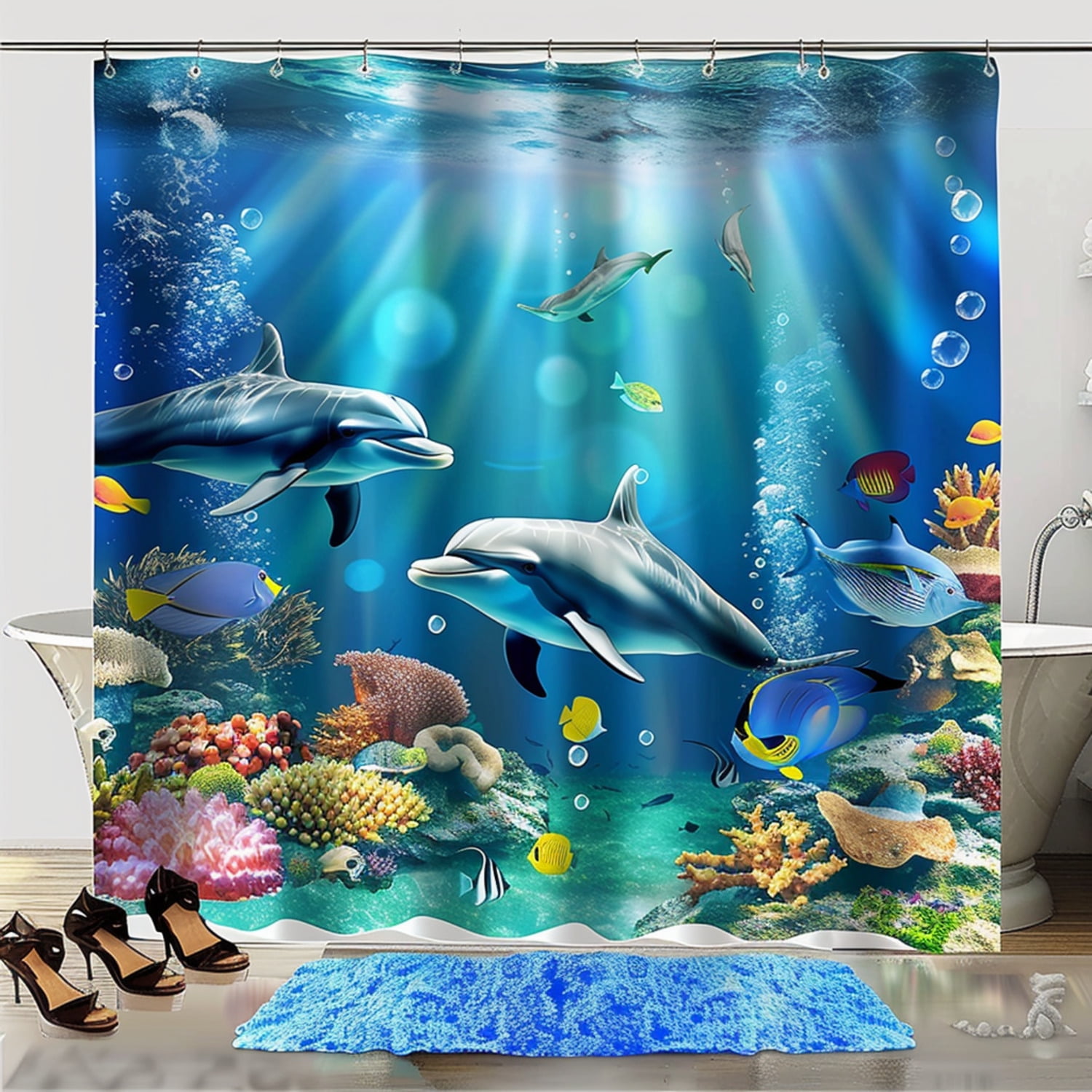 Shower Curtain Ocean Paradise: Dolphin and Fish Set - Underwater Coral ...