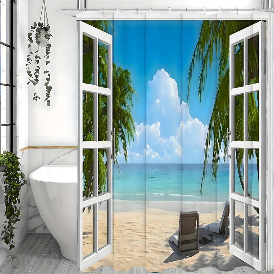 Shower Curtain, Palm Tree Decor Ocean Beach Seascape Through White ...