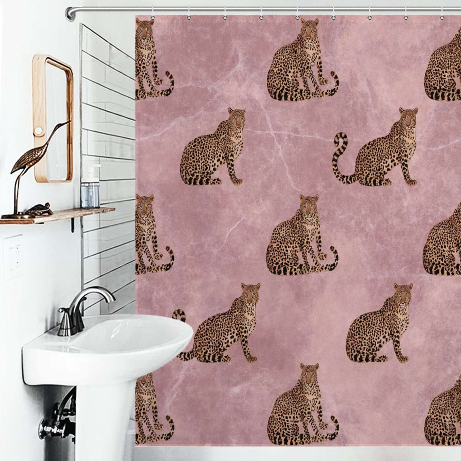 Shower Curtain Pink Marble Leopard Print Fabric Bath Curtain Polyester ...