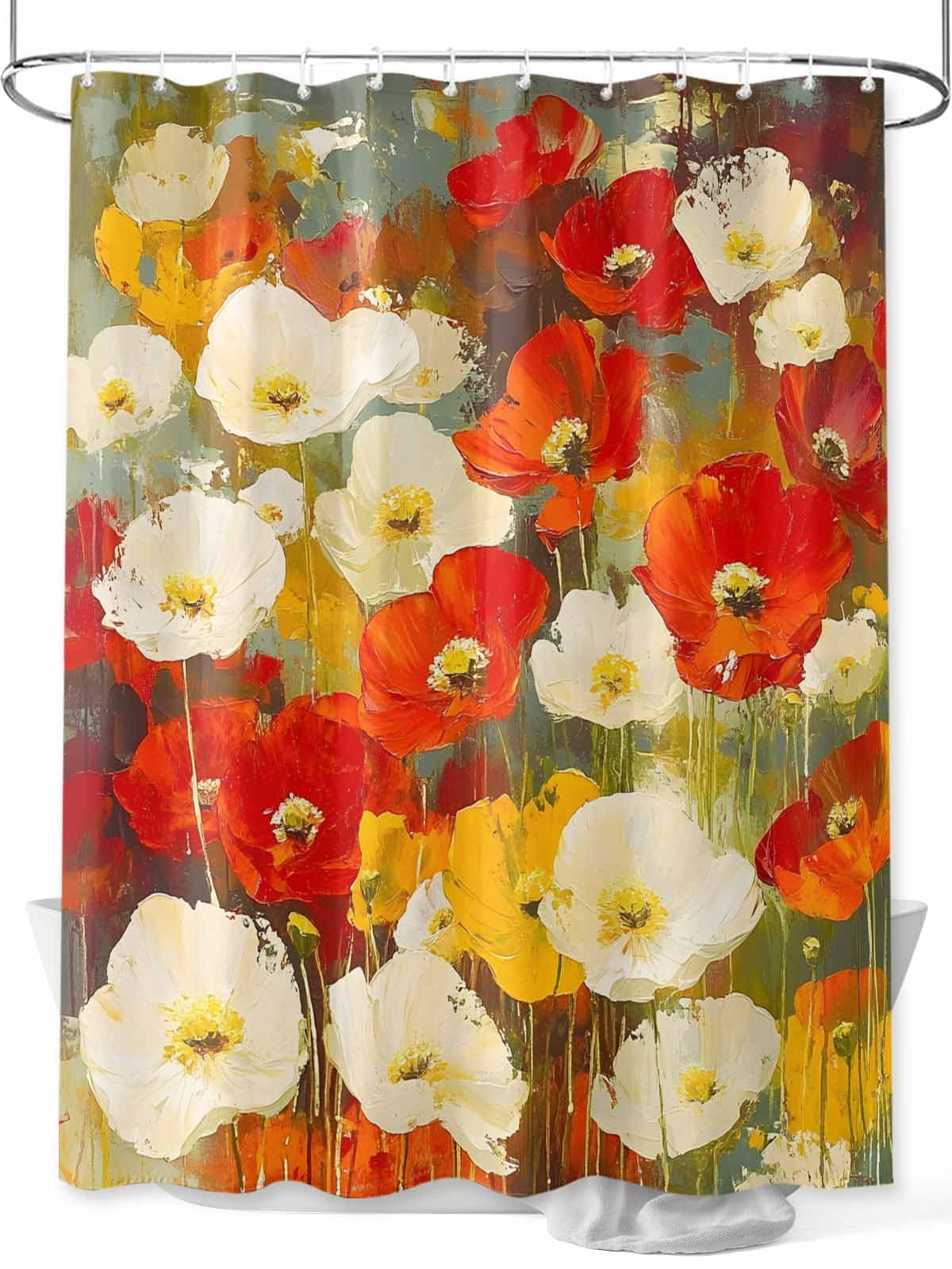 Shower Curtain, Retro Floral Red White Poppy Flower Field Oil Painting ...