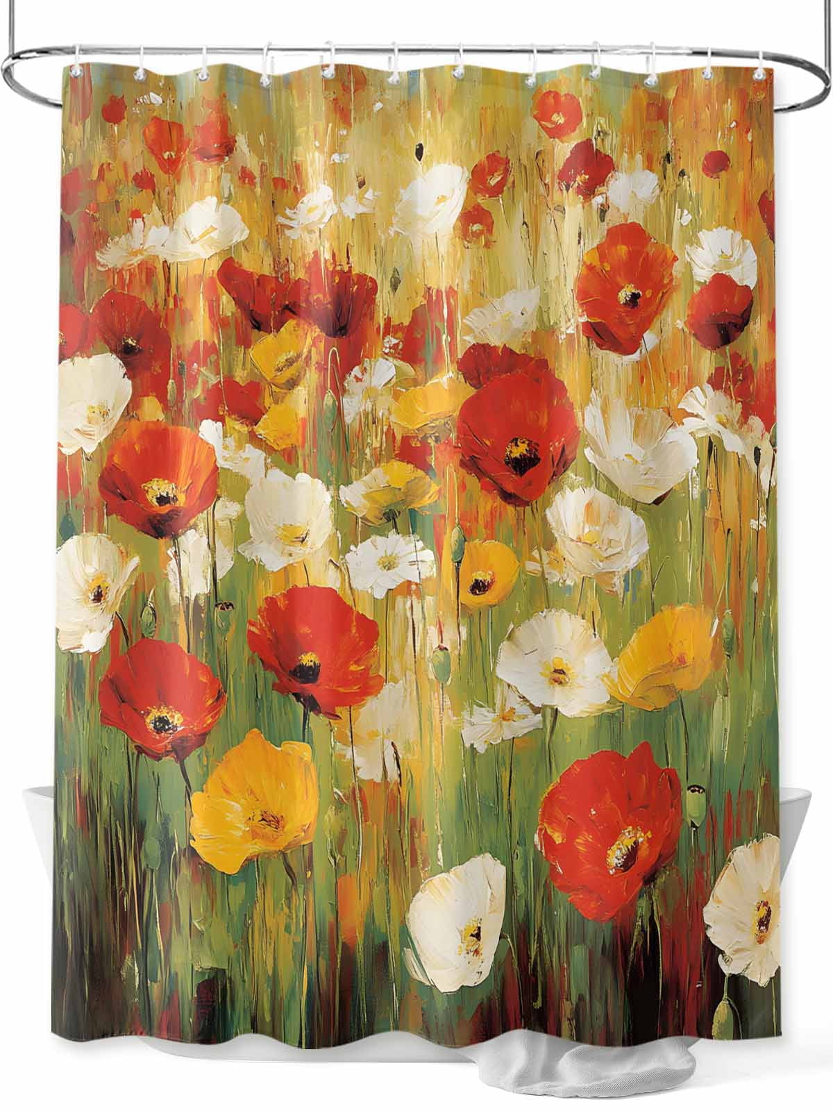 Shower Curtain, Retro Floral Red White Yellow Poppy Grassland Oil ...