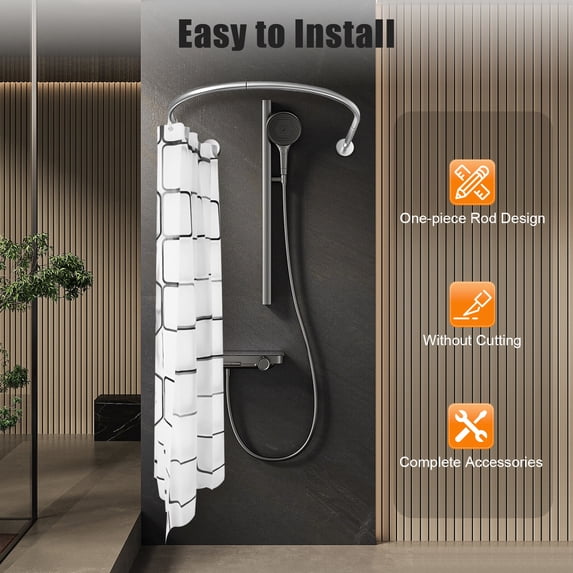 Shower Curtain Rod, Bath Curtain Rod Kit with Checker Pattern Curtain ...