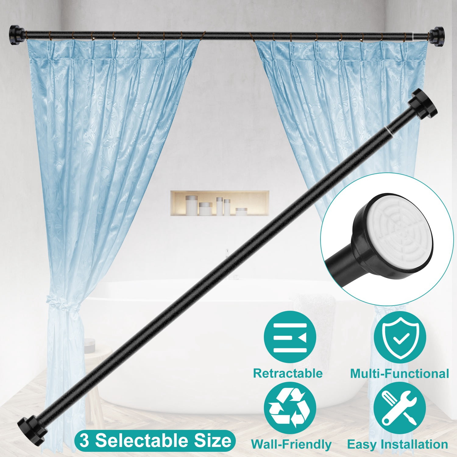 Shower Curtain Rod Black TeqHome 31.5in Spring Tension Shower Rods No ...