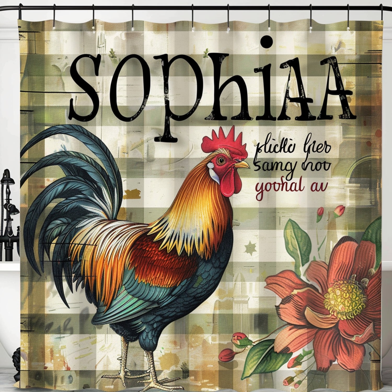 Shower Curtain Rustic Farmhouse Rooster with Plaid Background and ...