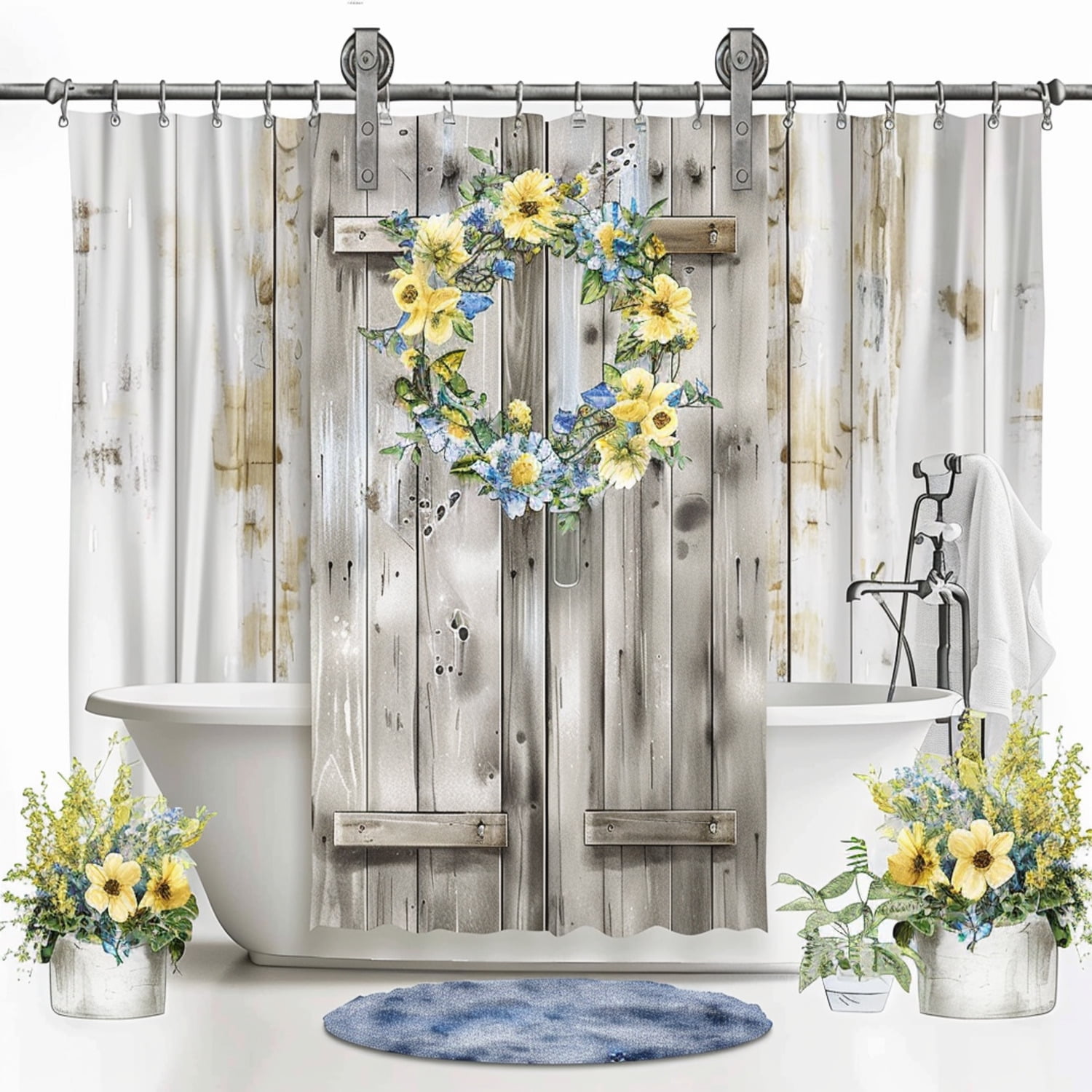 Shower Curtain Rustic Farmhouse with Yellow and Blue Flowers Wooden ...