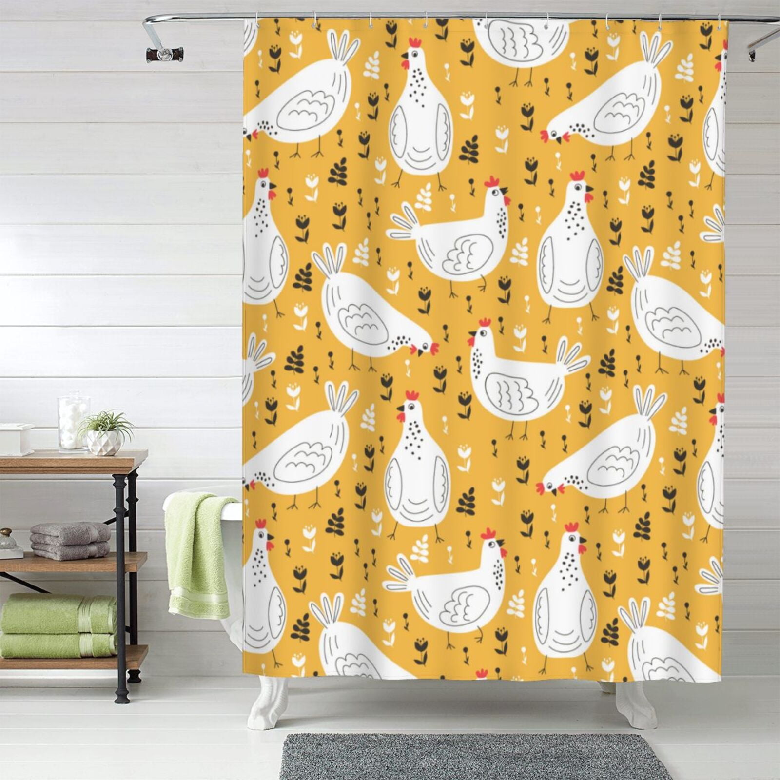 Shower Curtain, Rustic Lines Funny Chicken Yellow Waterproof Shower ...