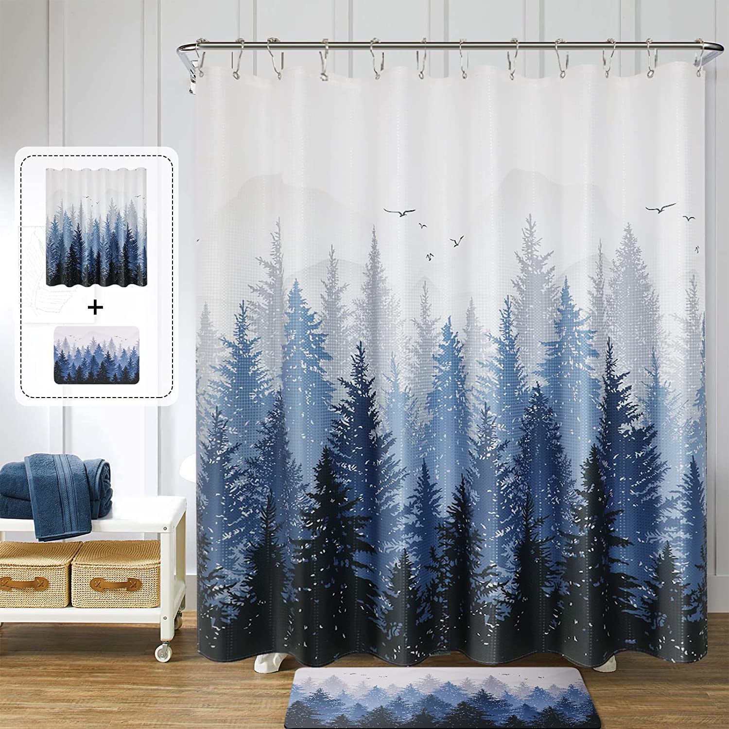 Shower Curtain Set with Rugs for Bathroom Blue Shower Curtain Mountain ...