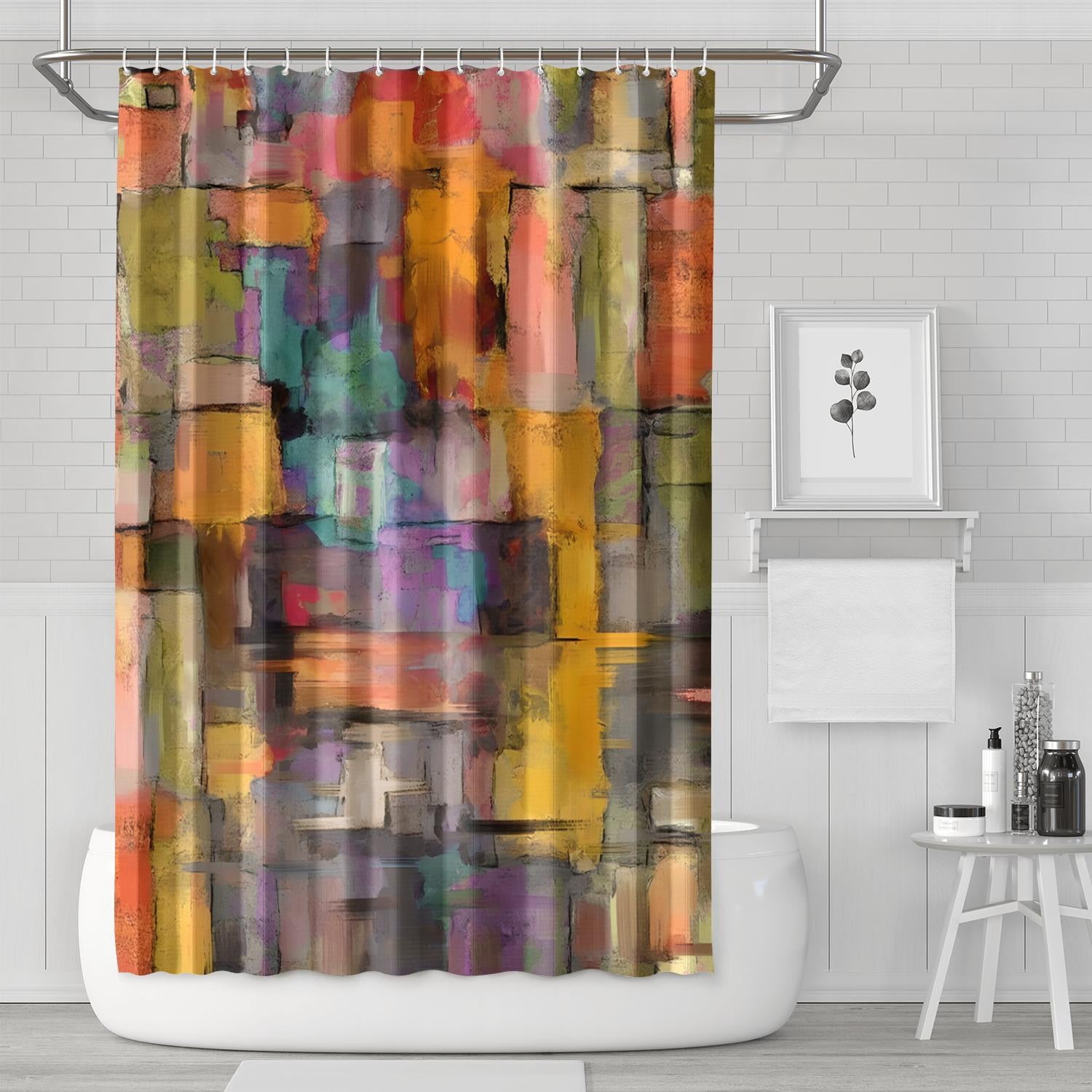 Shower Curtain Set with Snap-in,Asthetic Oil Painting Block Retro (1 ...