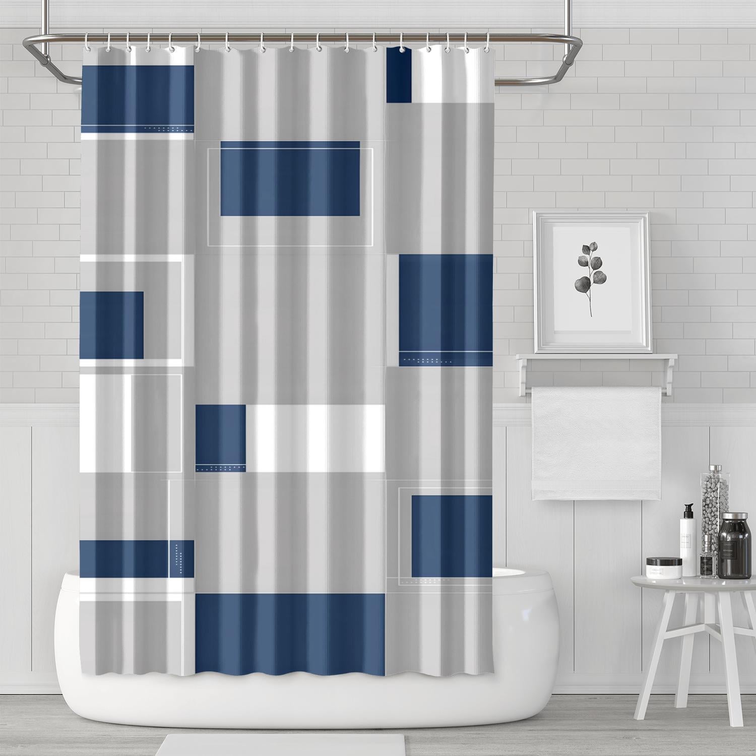 Shower Curtain Set with Snap-in,Geometric Grid Graphic Blue White (2 ...