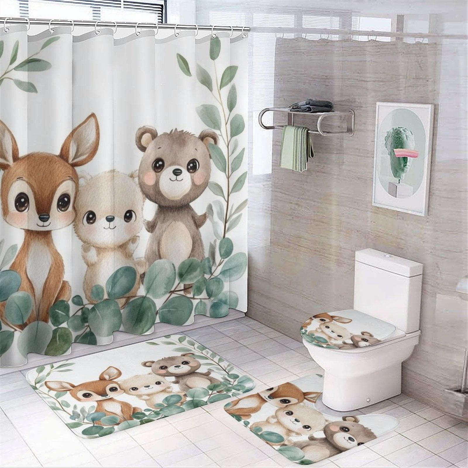 Shower Curtain Sets 4 Piece Rug Toilet Lid Cover And Non-Slip U Shape ...