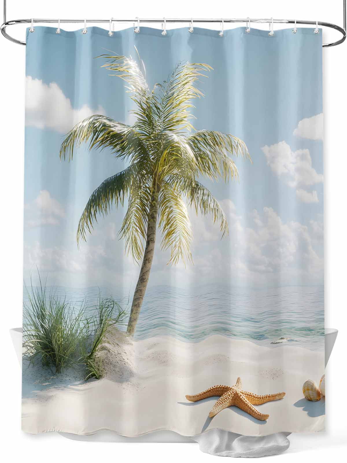 Shower Curtain, Summer Beach Seaside Palm Tree Sky Cloud Shore Starfish ...