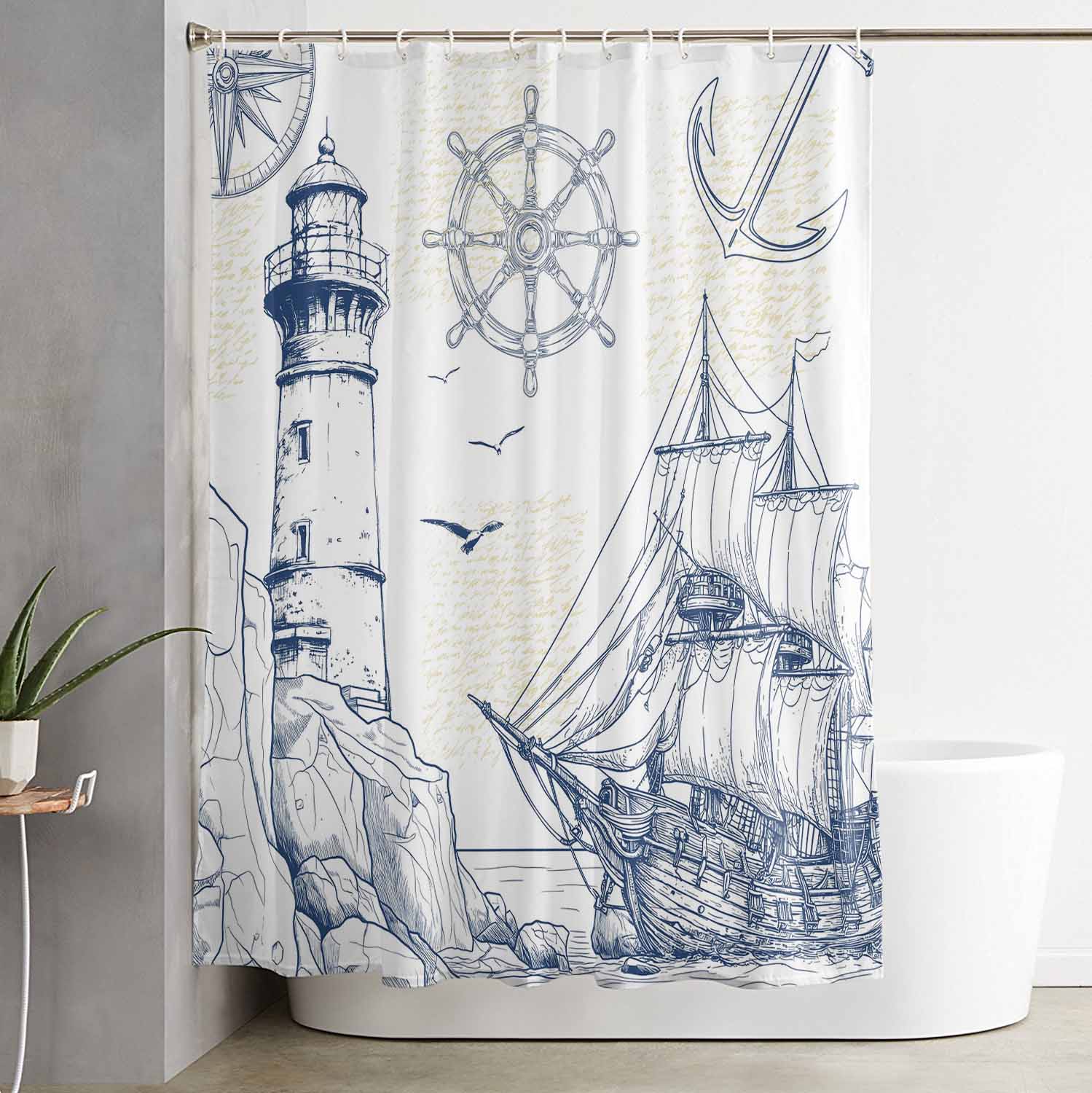 Shower Curtain, Summer Coastal Retro Lighthouse Waterproof Shower ...