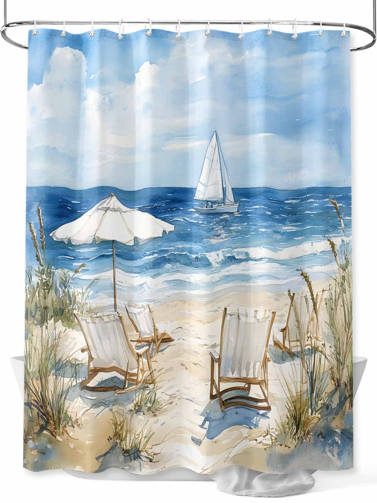 Shower Curtain, Summer Scenery Watercolor Beach Chair Ship Ocean ...