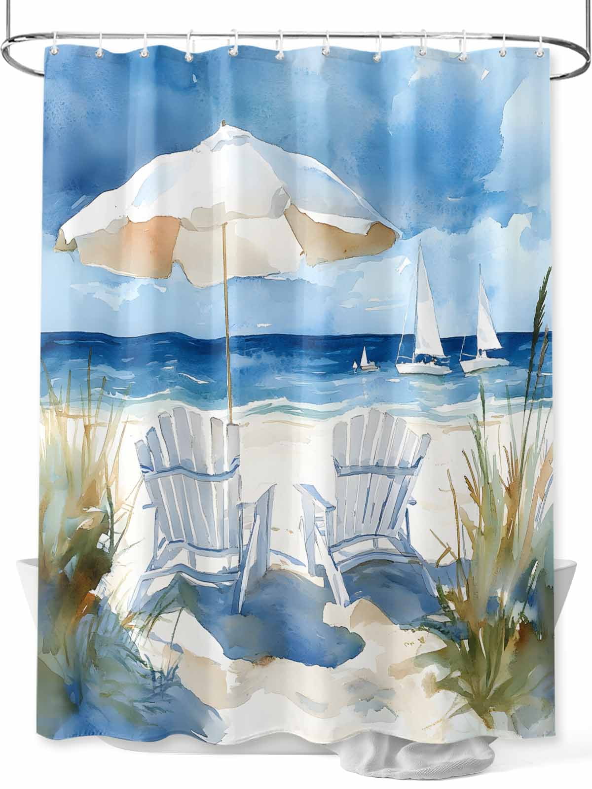 Shower Curtain, Sun Umbrella Ship Watercolor Beach Chair Summer Beach ...