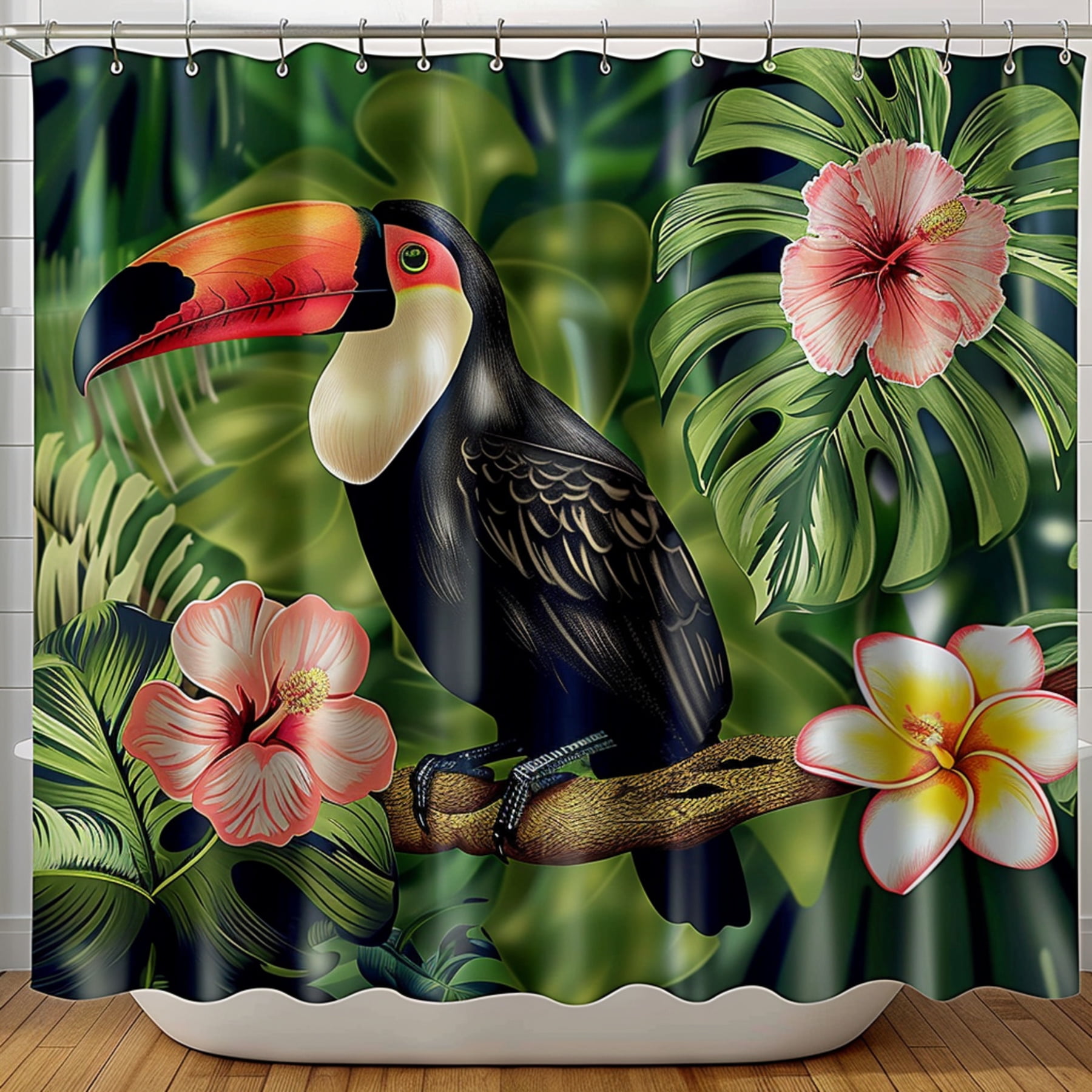 Shower Curtain Tropical Jungle Rainforest Flowers Leaves Black Toucan