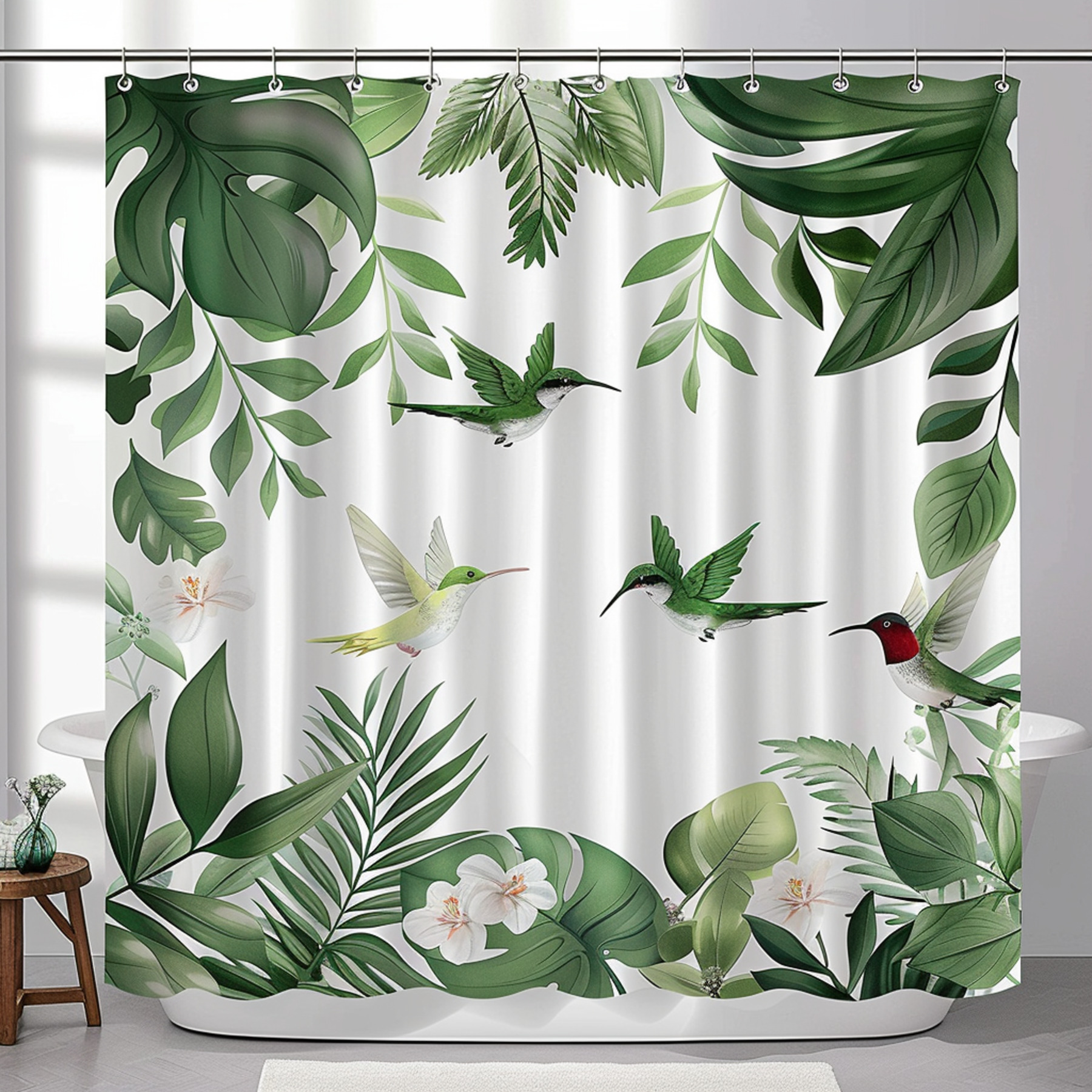 Shower Curtain Tropical Rainforest Hummingbirds White Background Green ...