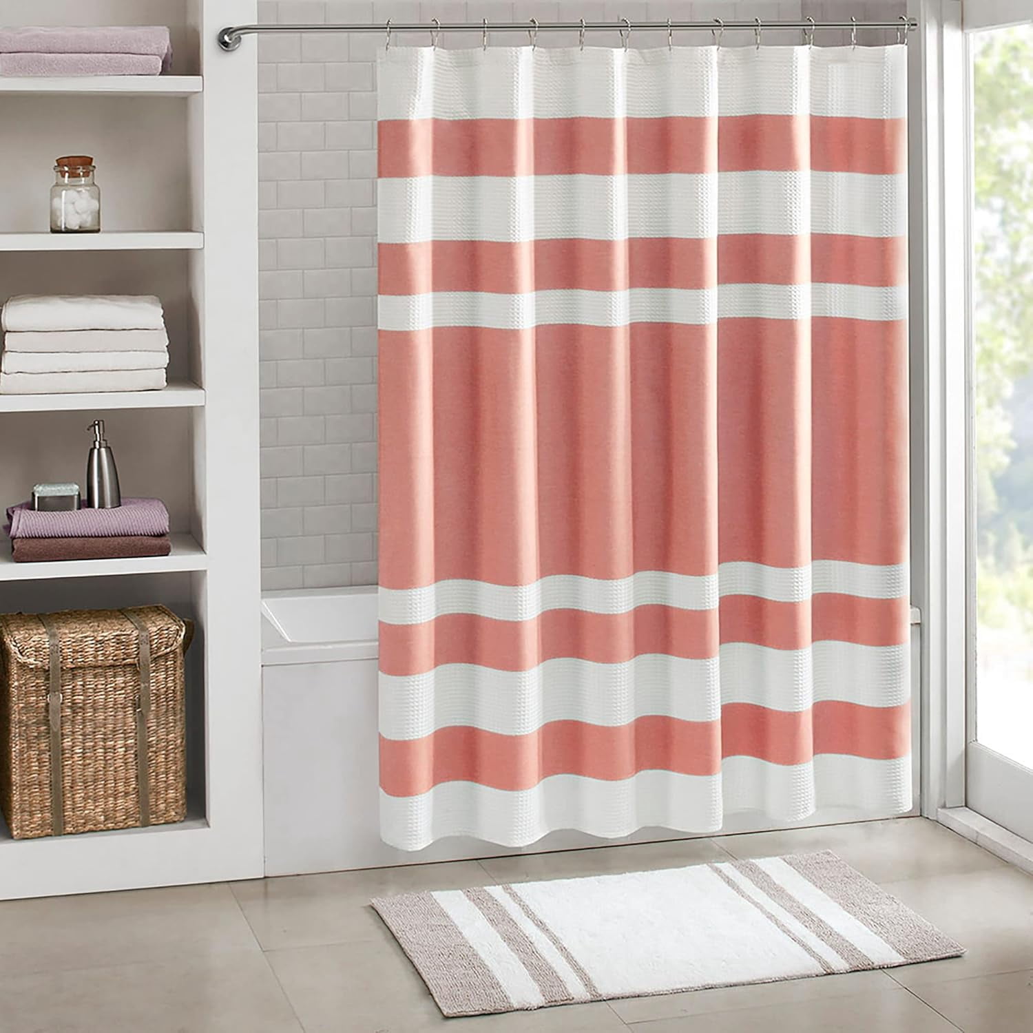 Shower Curtain, Waffle Weave, Pieced Design Fabric Shower Curtain with ...