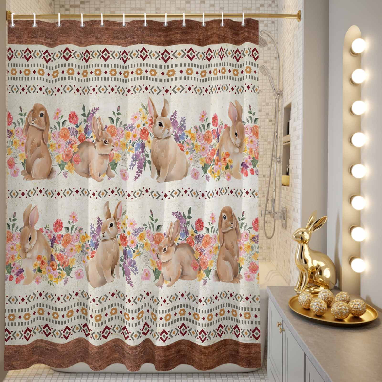Shower Curtain, Watercolor Easter Rabbits Flowers Waterproof Shower ...