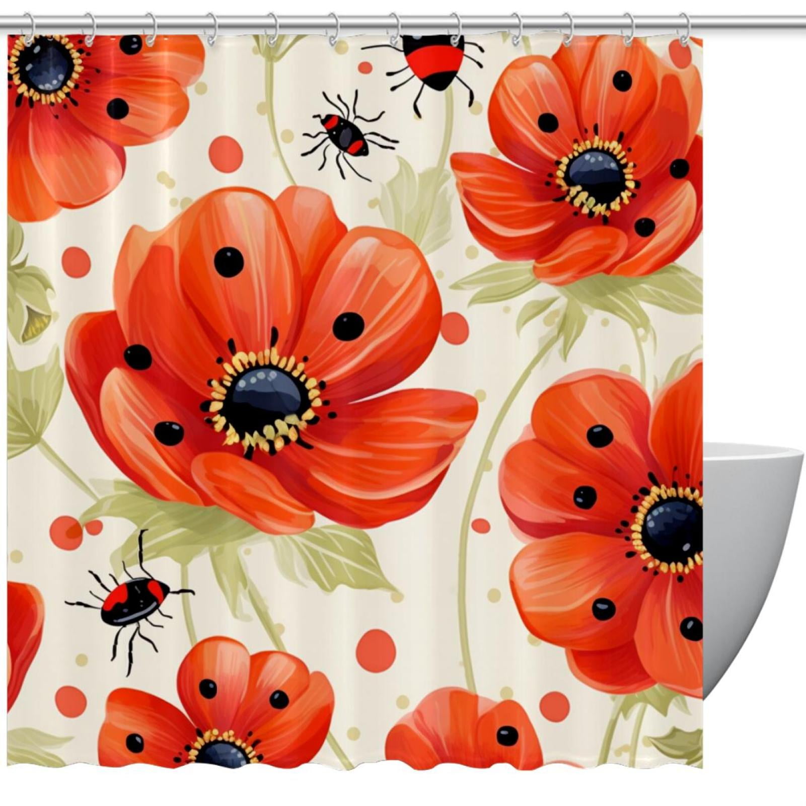 Shower Curtain for Bathroom Decor, Ladybug on Blossom Poppies Prints ...