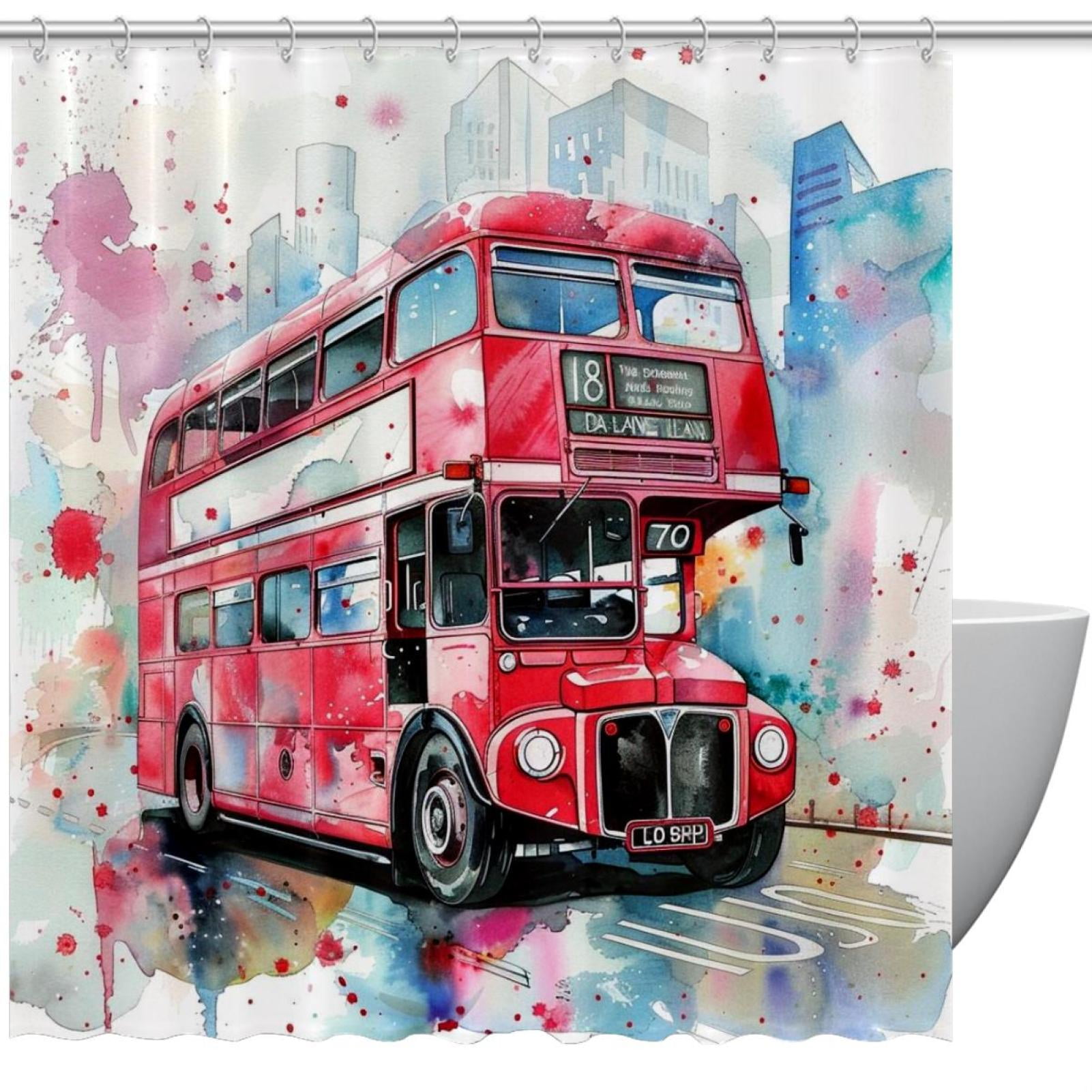 Shower Curtain for Bathroom Decor, Watercolor Red London Bus Prints ...