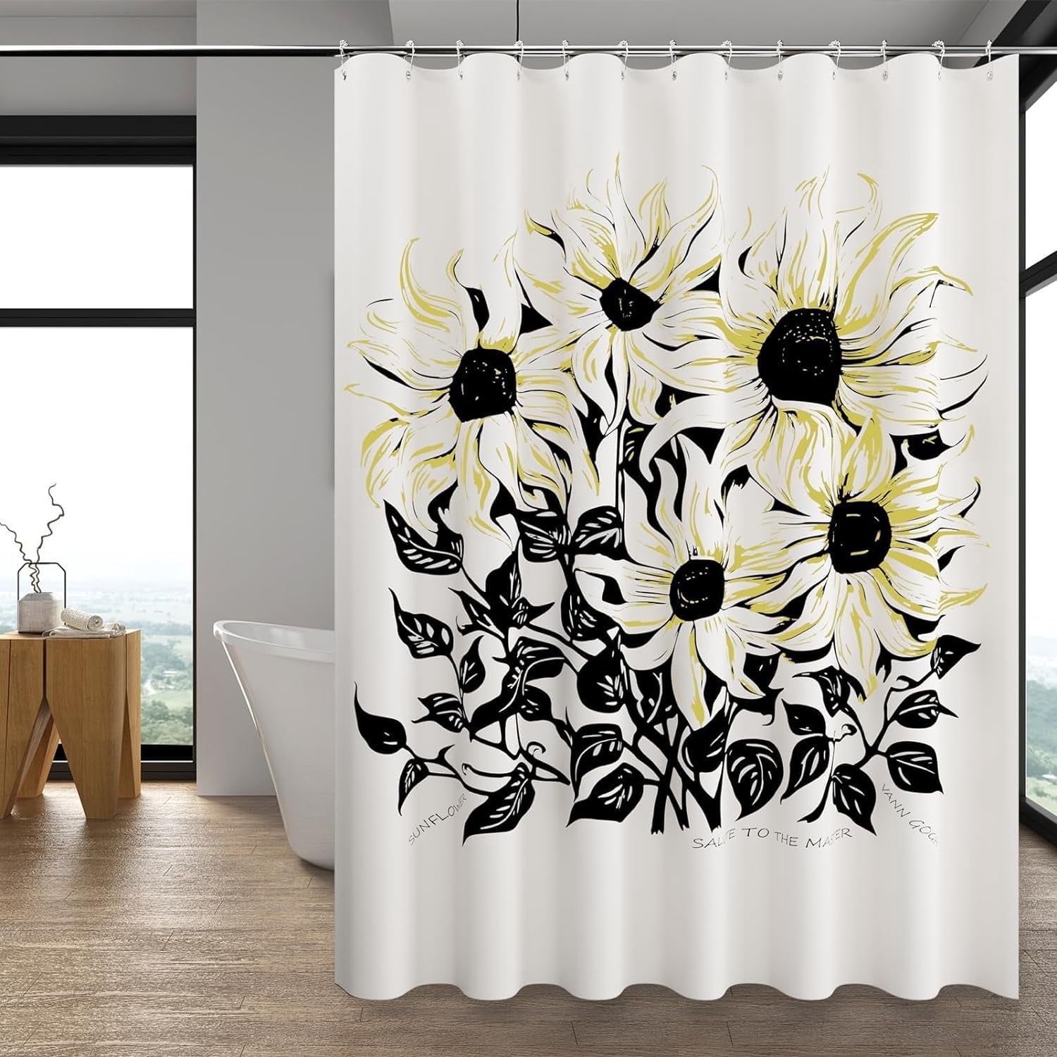 Modern Floral Shower Curtain with 12 Hooks, Waterproof Polyester Fabric ...