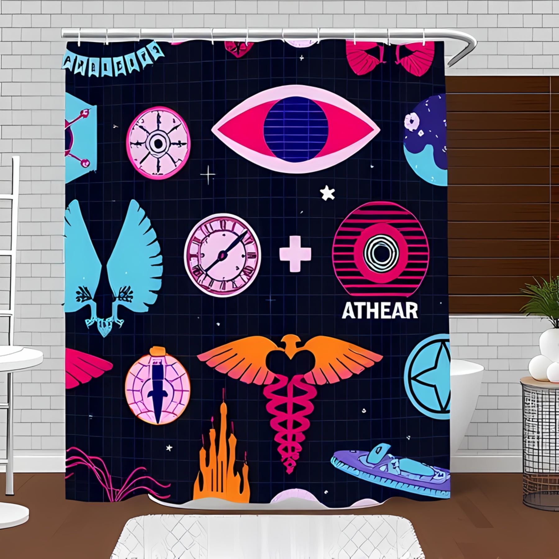 Shower Curtain with Bold Eye Clocks Wings & Geometric Shapes - Surreal ...