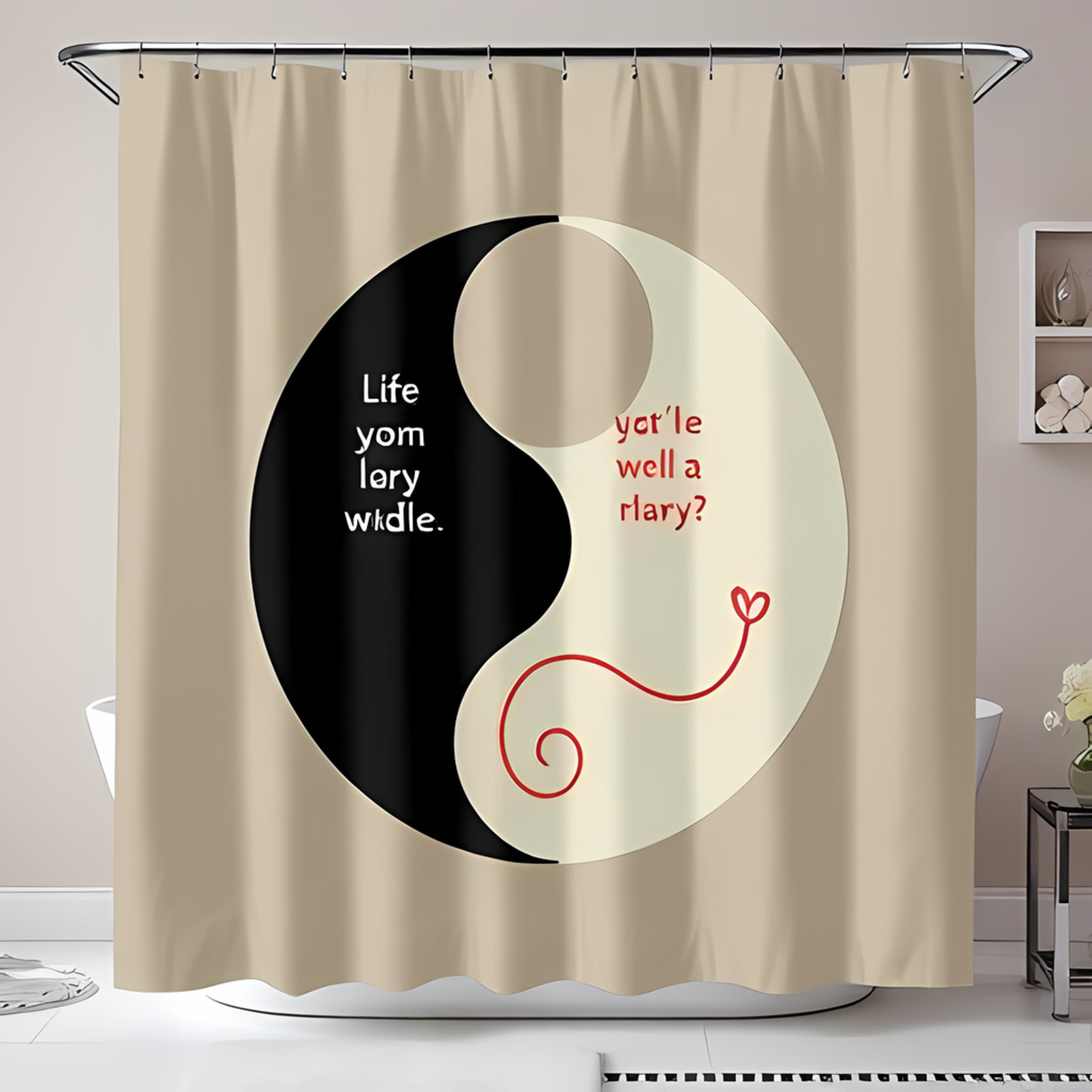 Shower Curtain with Inspirational Text - Black & White Design Heart ...