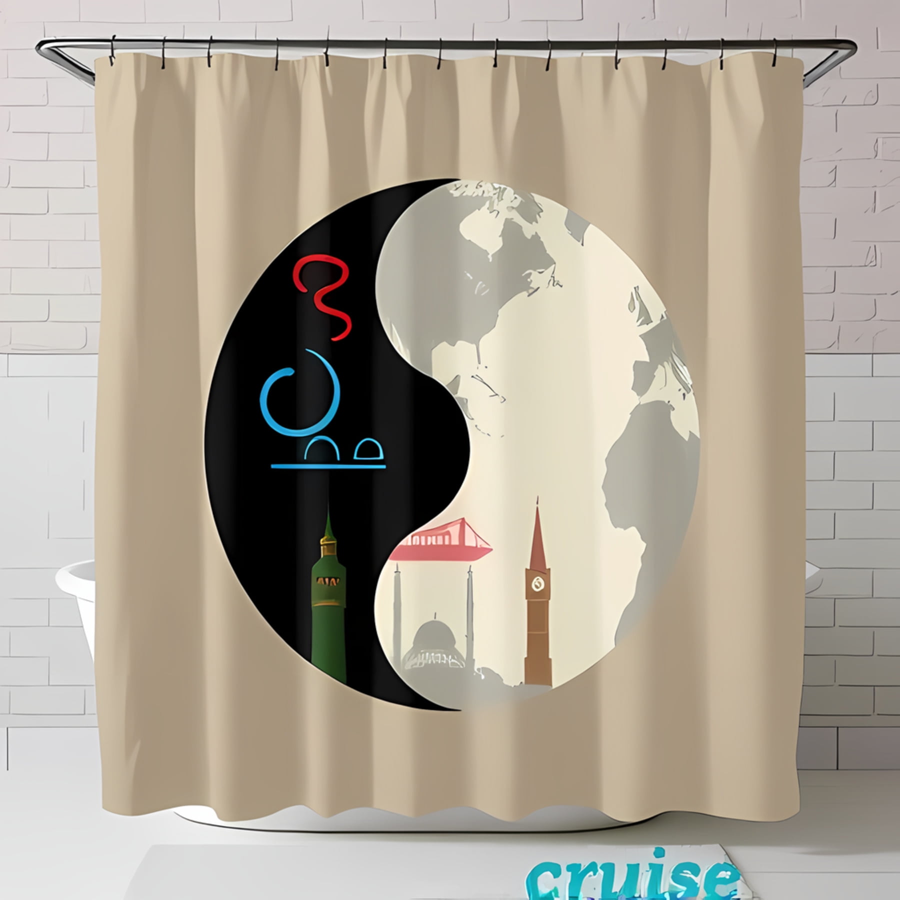 Shower Curtain with Unique Black and Beige Design Featuring Stylized ...