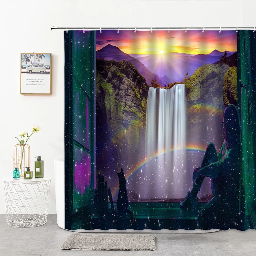 Shower Curtains 3D Print Waterfall Pouring Down In The Sunset Curtain ...