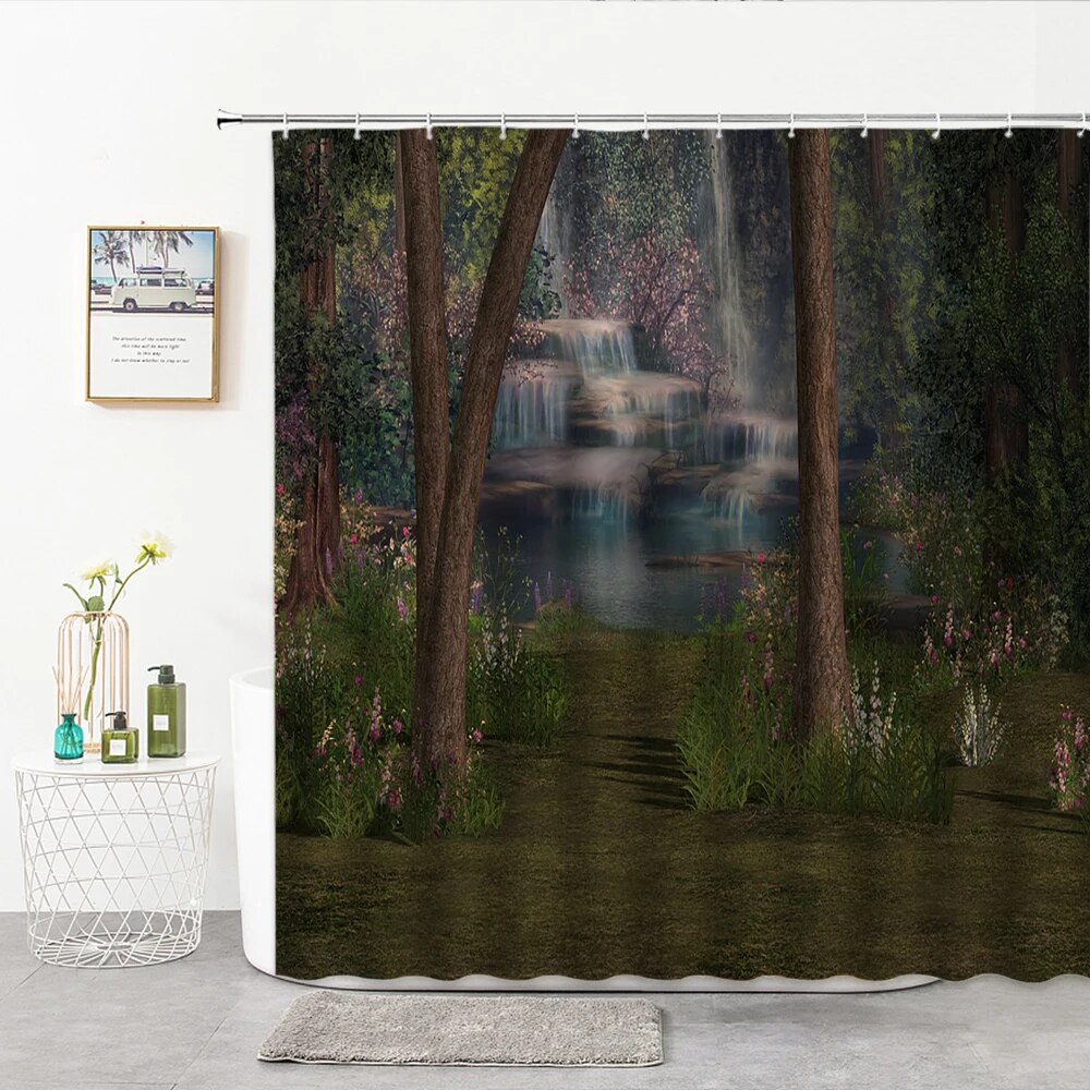 Shower Curtains 3D Print Waterfall Pouring Down In The Sunset Curtain ...