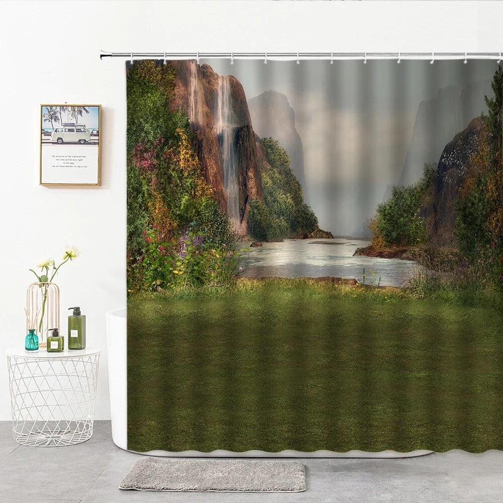 Shower Curtains 3D Print Waterfall Pouring Down In The Sunset Curtain ...