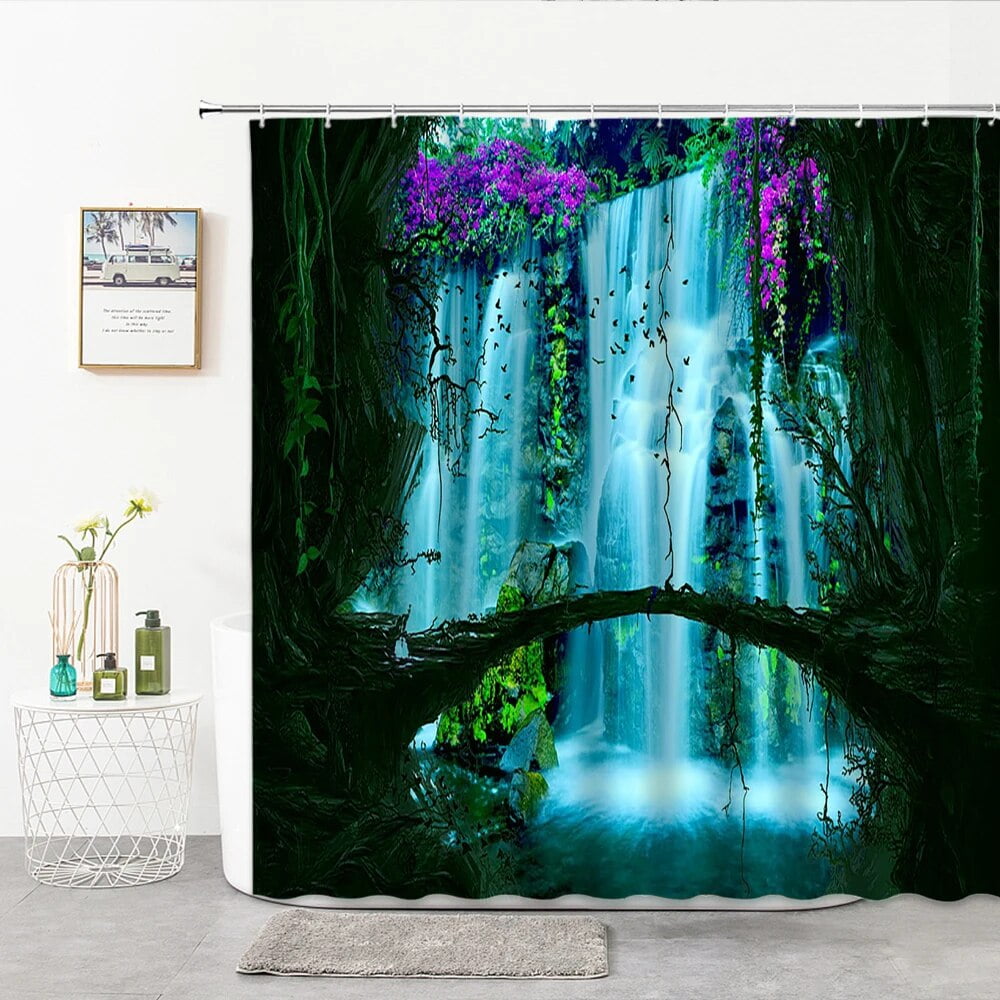 Shower Curtains 3D Print Waterfall Pouring Down In The Sunset Curtain ...